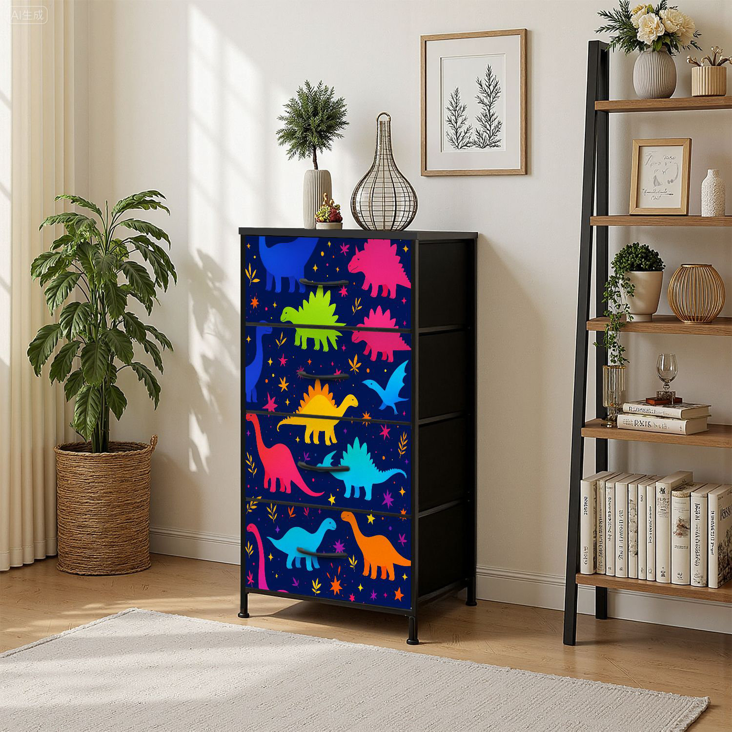 Ebern Designs 4 Drawer Vertical Storage Dresser neon funny dinosaurs ...