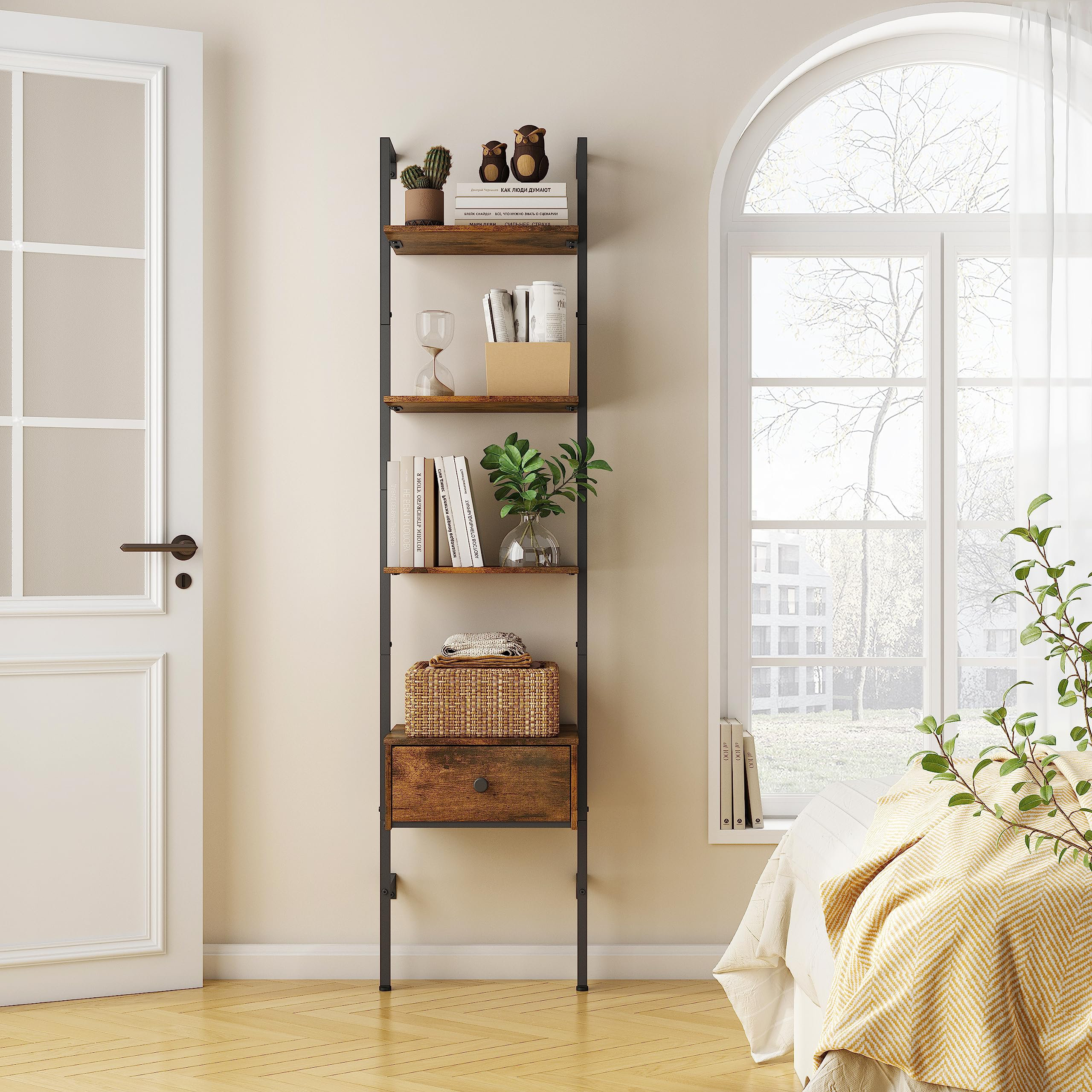 17 Stories Ladder Shelf, Tall Bookcase With Storage Drawers, 4-Tier ...