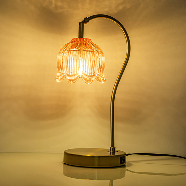 House of Hampton® Deangelia Pink Flower Glass Table Lamp Gold Metal ...