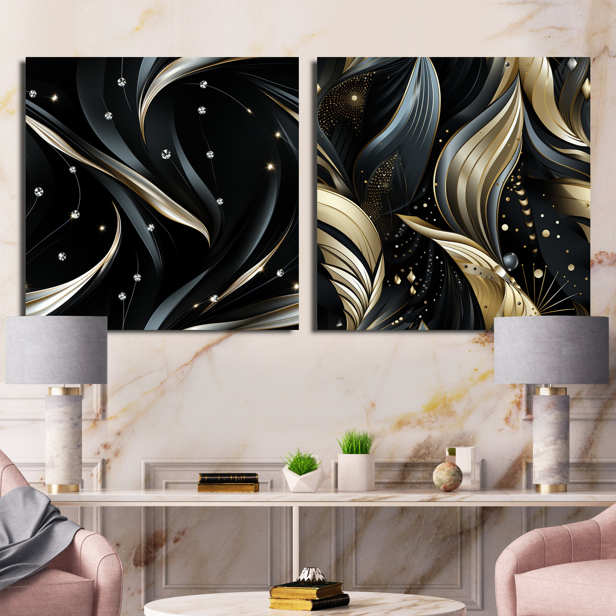 Design Art Deep Black Silver Elegance III - Abstract Square Collage Set ...