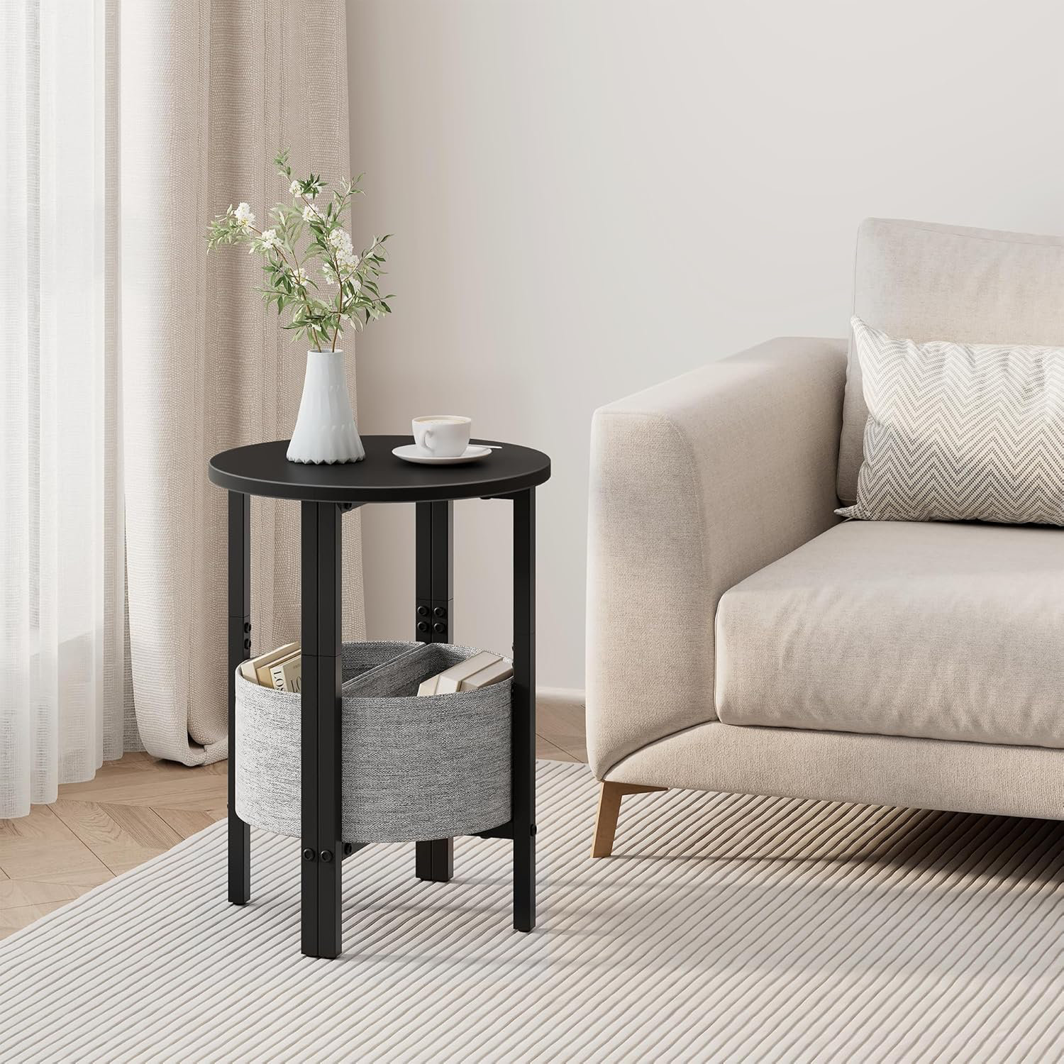Ebern Designs Side Table, Small Round End Table With Fabric Basket, Set ...