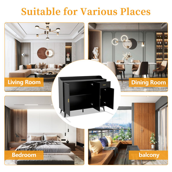 Mercer41 Dotschay 48" W Black Side Cabinet, Buffet Cabinet with Storage ...