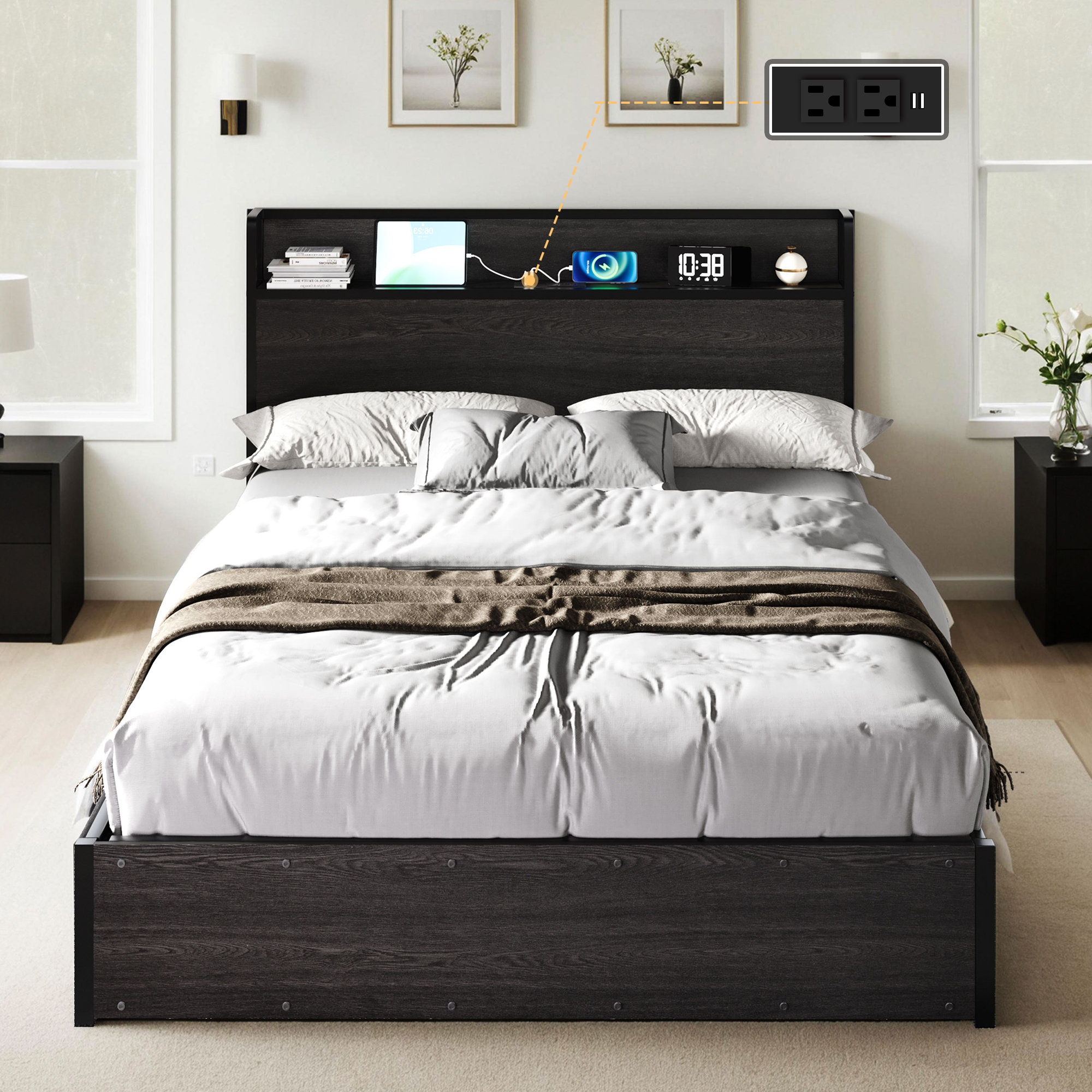 Trent Austin Design® Shila Lift Up Storage Bed Frame & Charging Station ...