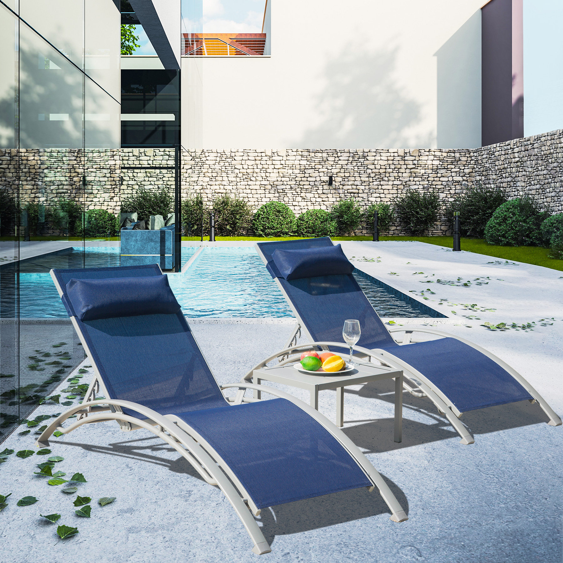 Ebern Designs 3 PCS Yunis Outdoor Metal Chaise Lounge Set with Table ...