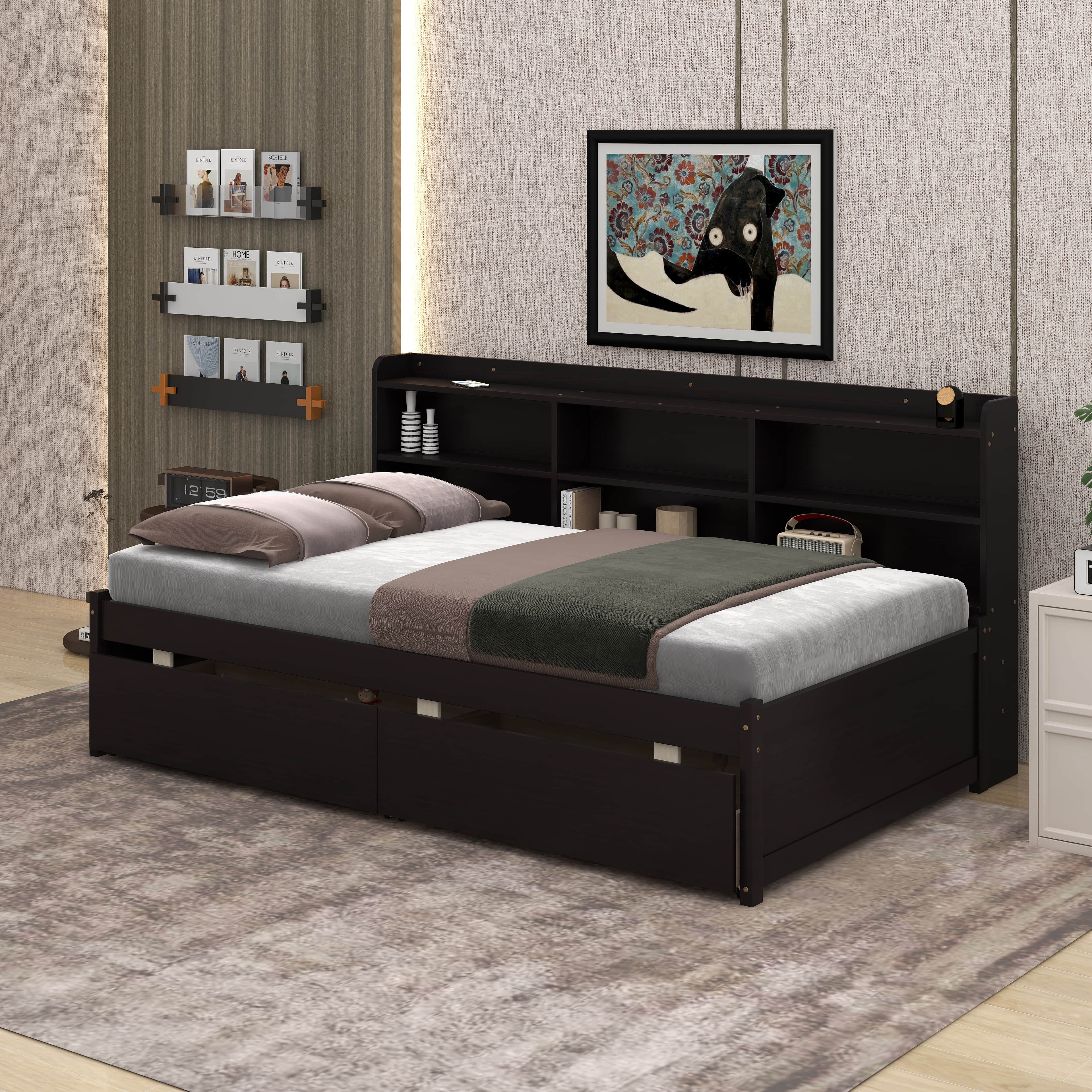 Latitude Run® Bed with Side Bookcase, Drawers | Wayfair