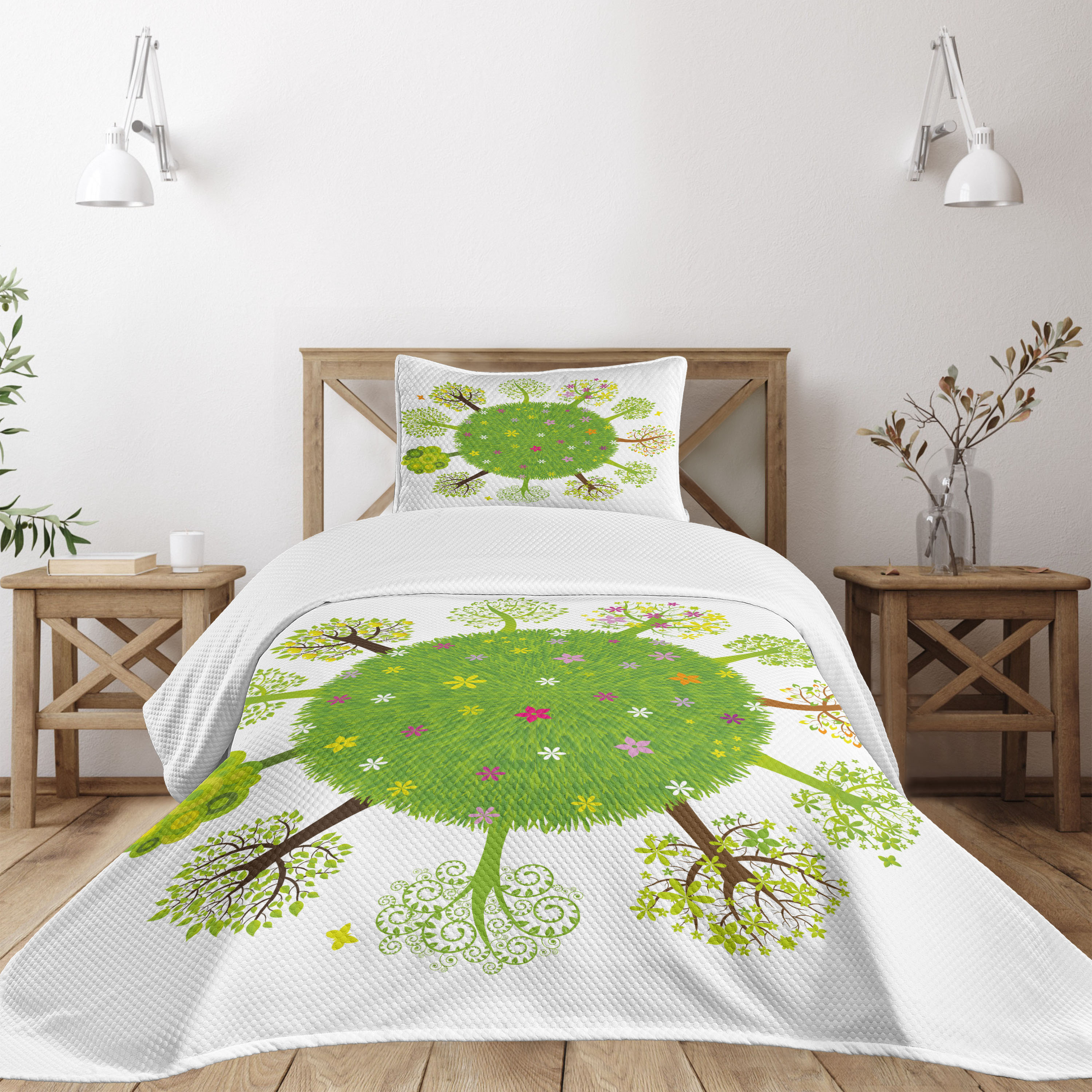 Ambesonne Earth Bedspread Set Nature Love Green Trees Bloom Multicolor ...