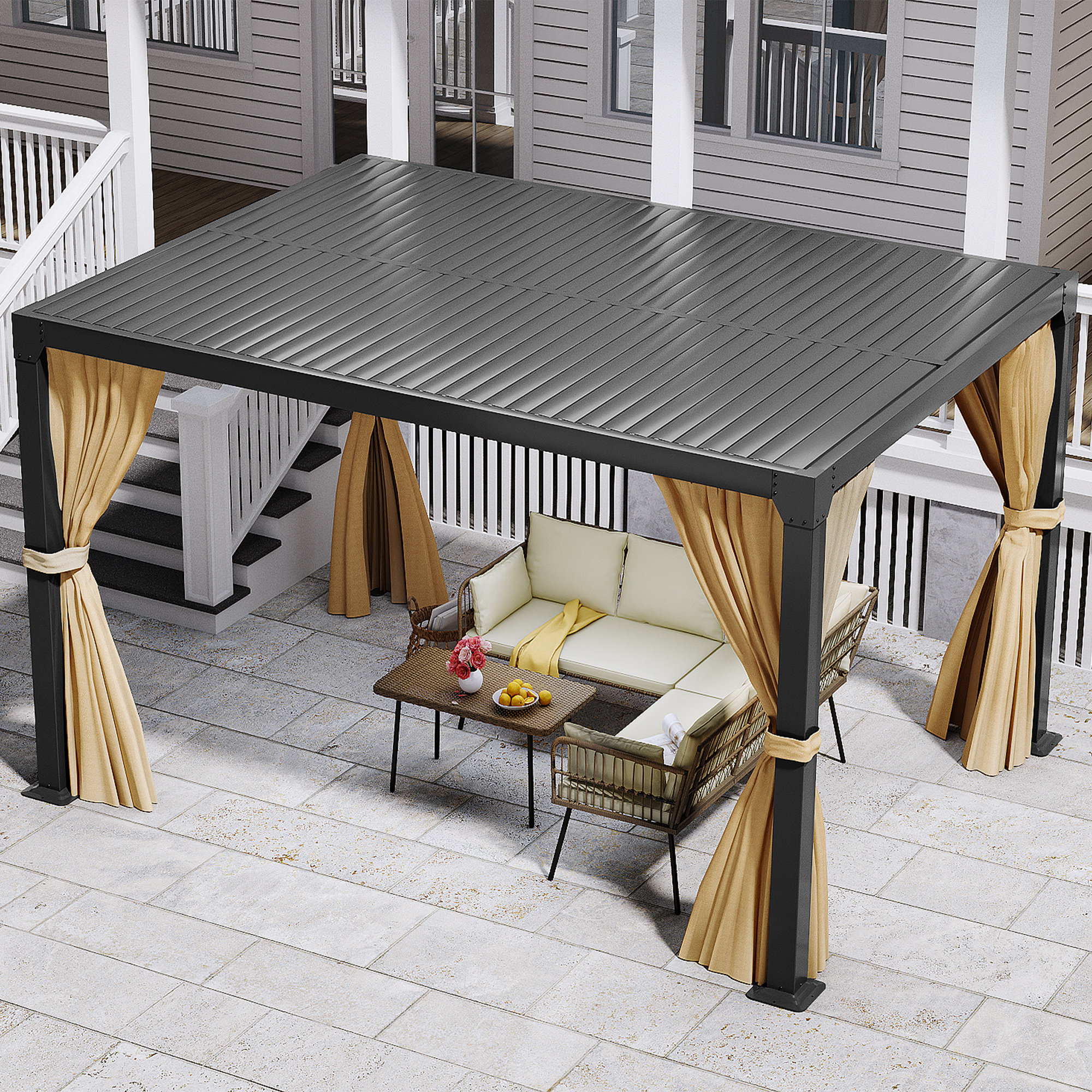 Balconera 13 Ft. W x 10 Ft. D Aluminum Pergola with Privacy Curtain and ...
