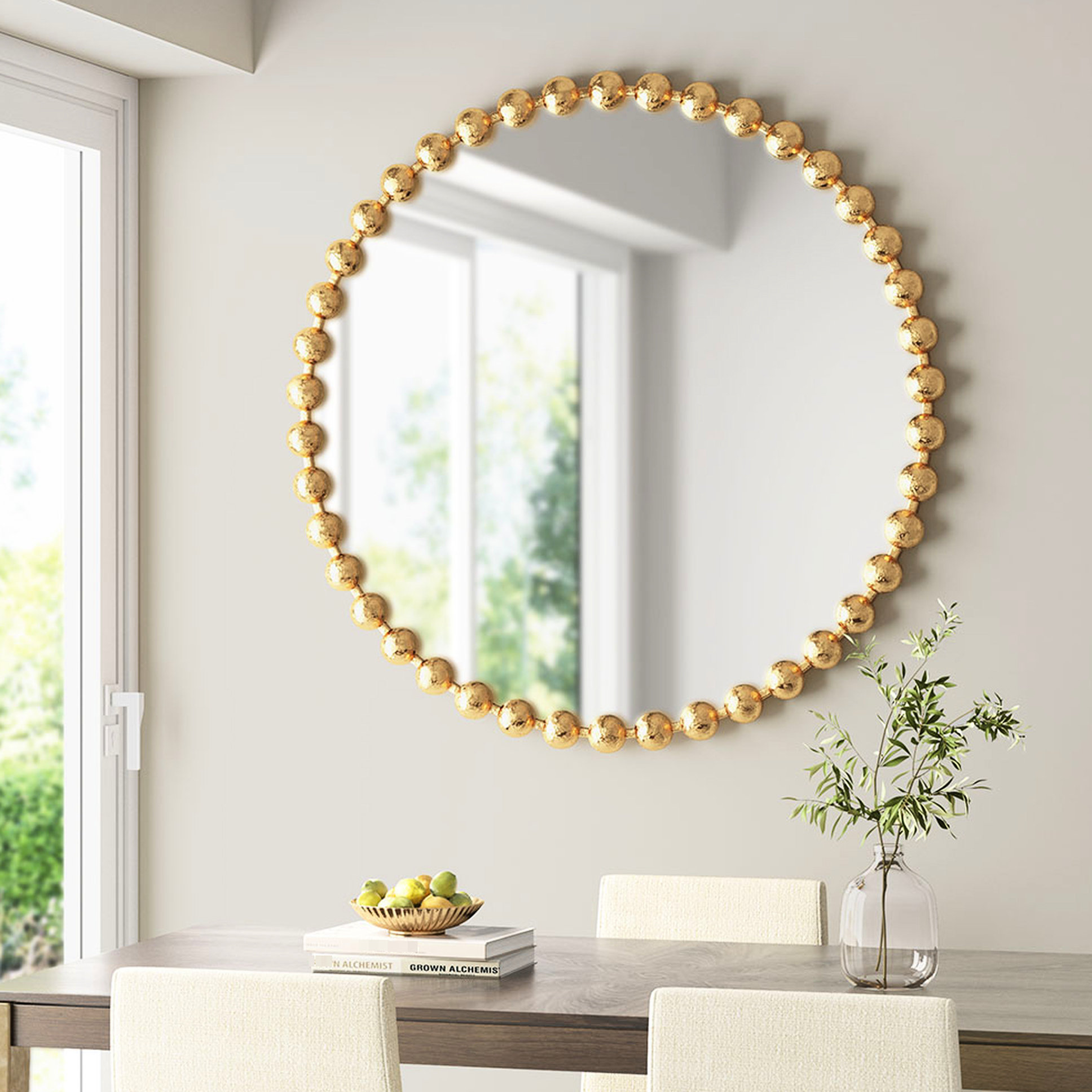 Trinx Stylish Beaded Round Mirror 36"D - Matte Iron Frame Delicate Bead ...