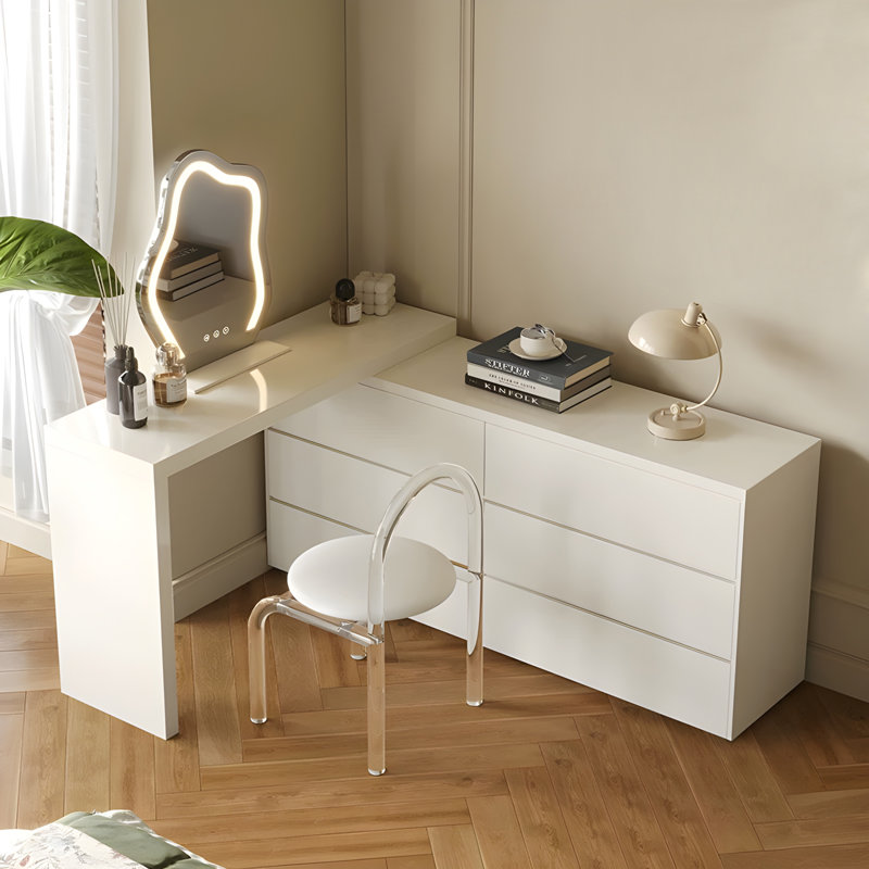 Ivy Bronx Cream Vanity Extendable Vanity Table with 6 Drawers Modern ...