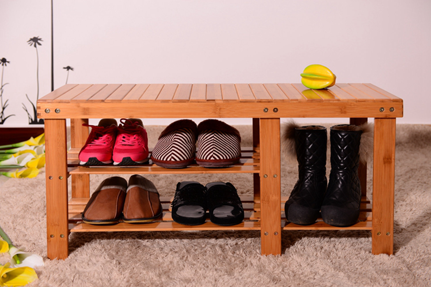 Rebrilliant 90Cm Strip Pattern Tiers Bamboo Stool Shoe Rack With Boots ...