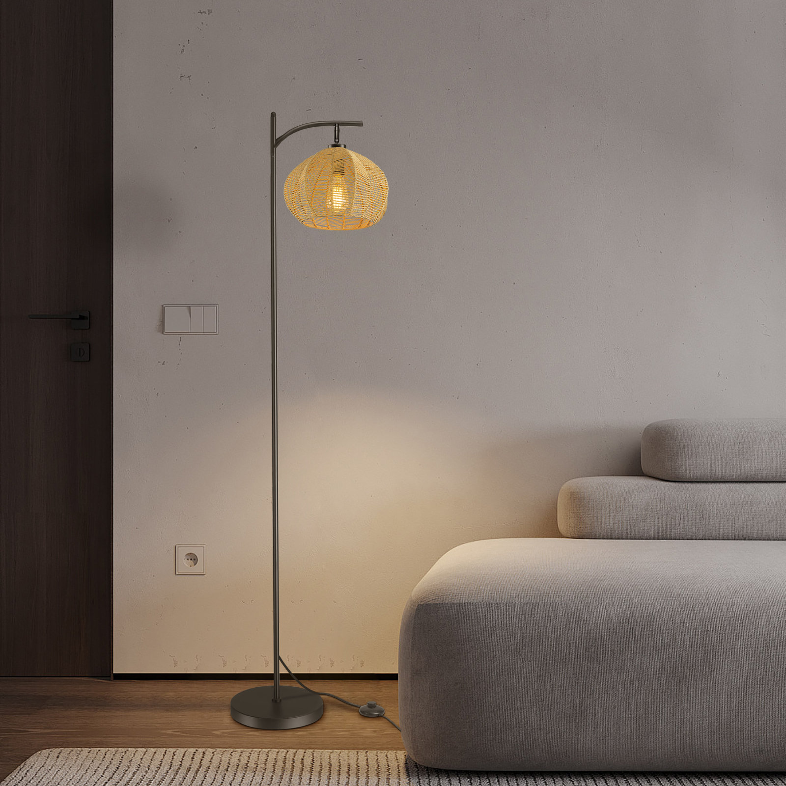 Bay Isle Home™ Industrial Floor Lamp With Rustic Rattan Lampshade ...