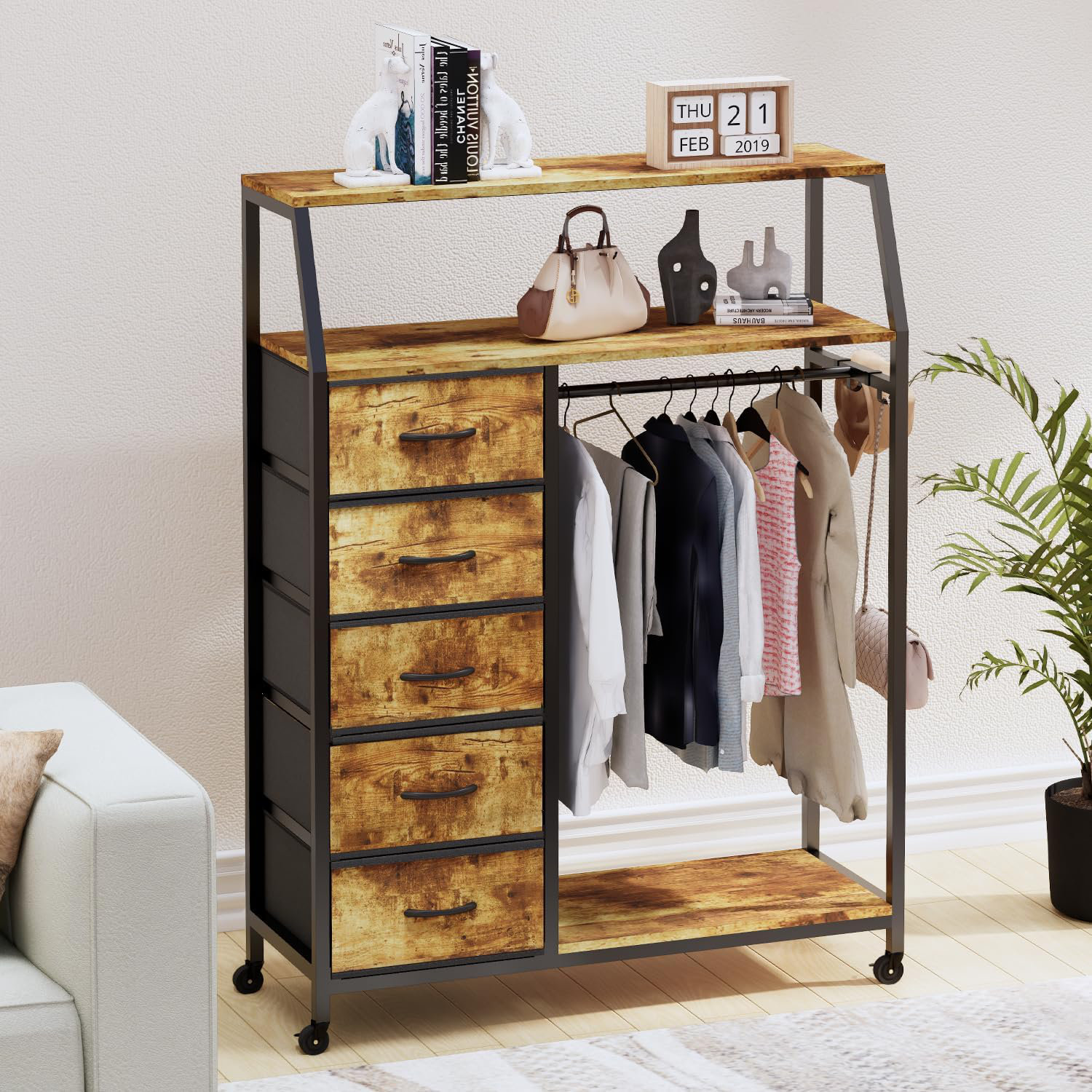 17 Stories Dresser With Clothes Rack 5 Drawer Dresser For Bedroom ...