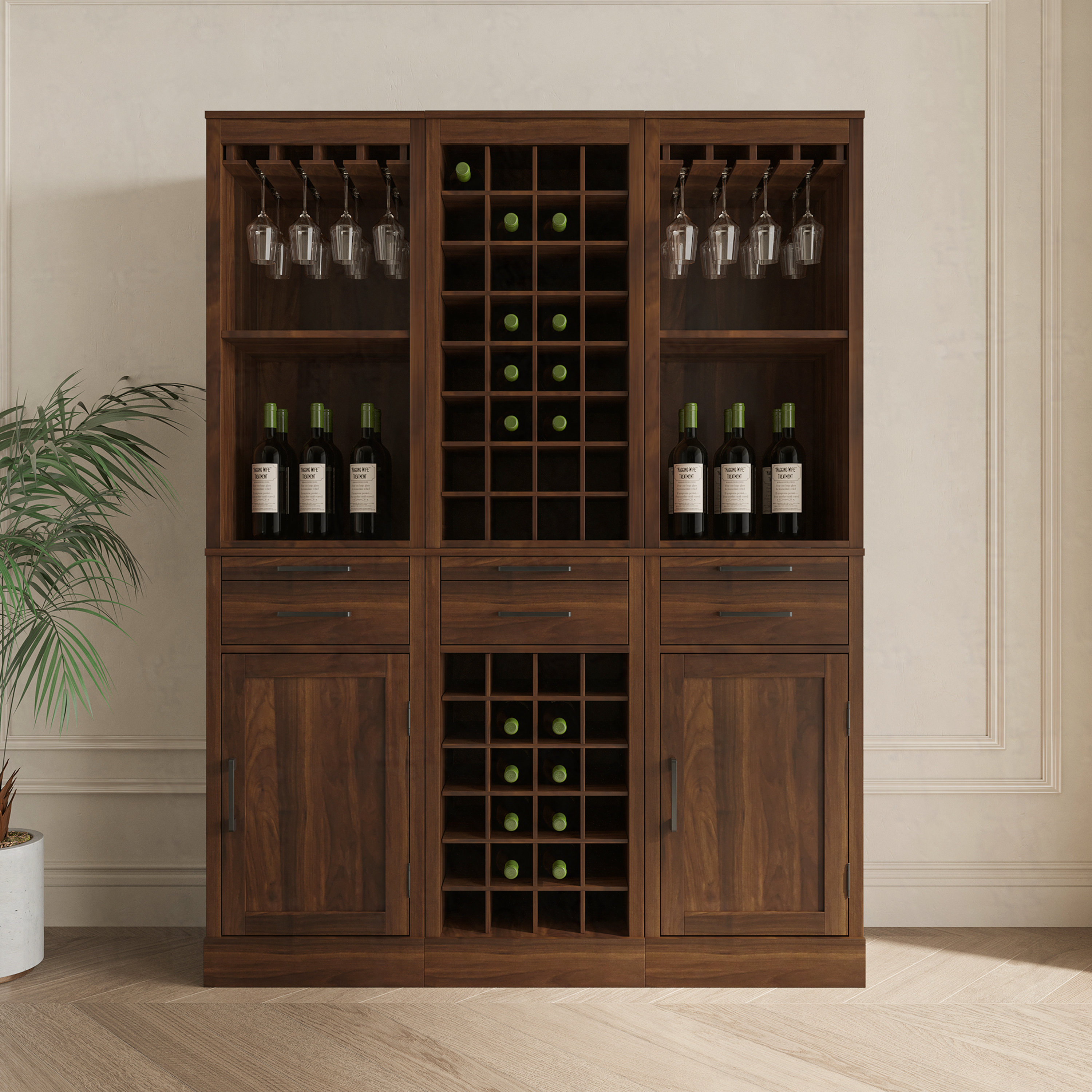 Ebern Designs walnut modular wine bar cabinet Buffet Cabinet with Hutch ...