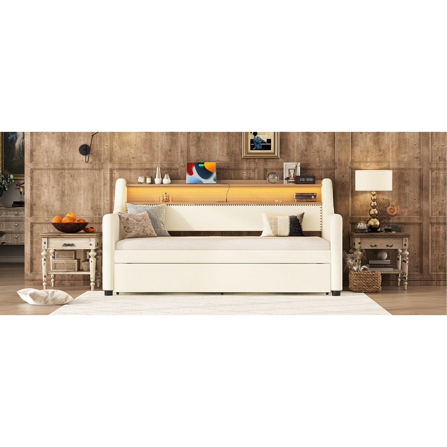 Mercer41 Twin Daybed With Trundle Bed, Pu Leather In White, Charging ...
