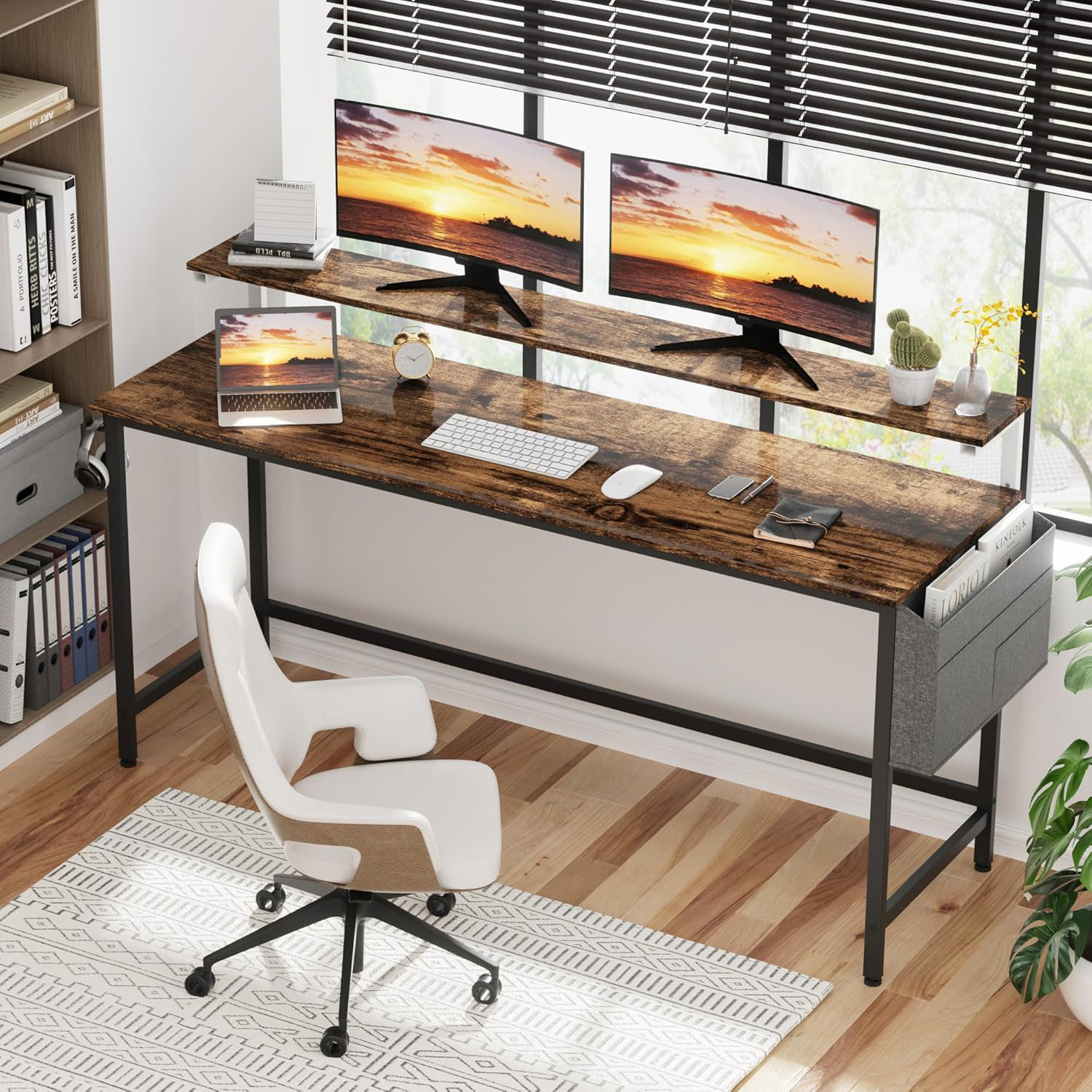 17 Stories 63" Vintage Computer Desk With Shelved Monitor Stand ...