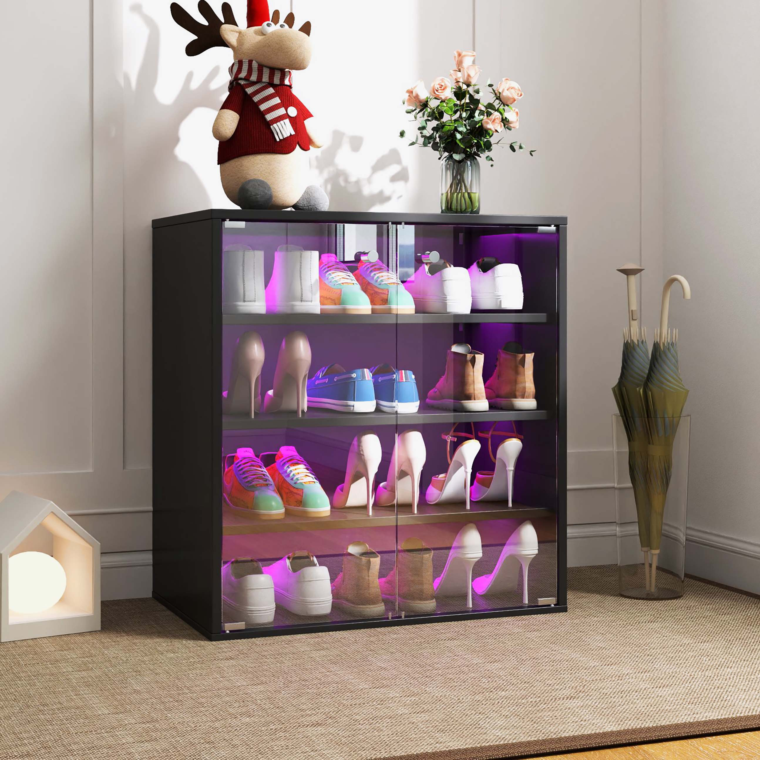 Orren Ellis Shoe Box with RGB LED Light, Wooden Stackable Shoe Storage ...