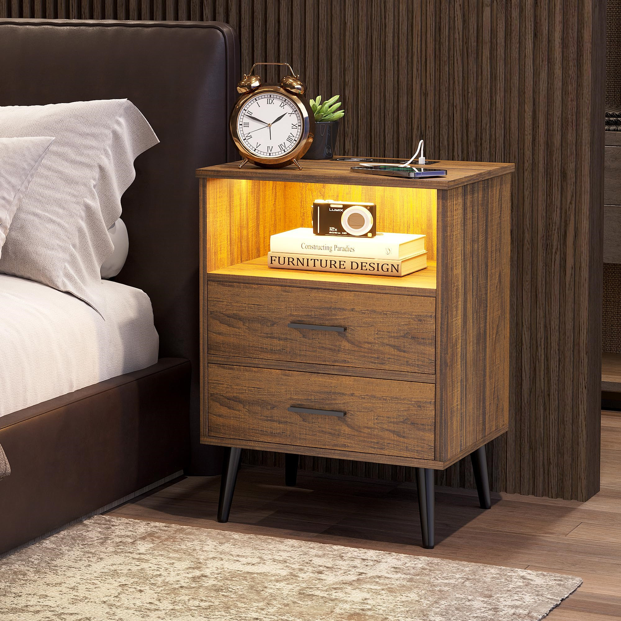 Ivy Bronx LED Bedside Table With Charging Station, Smart Bedside Table ...
