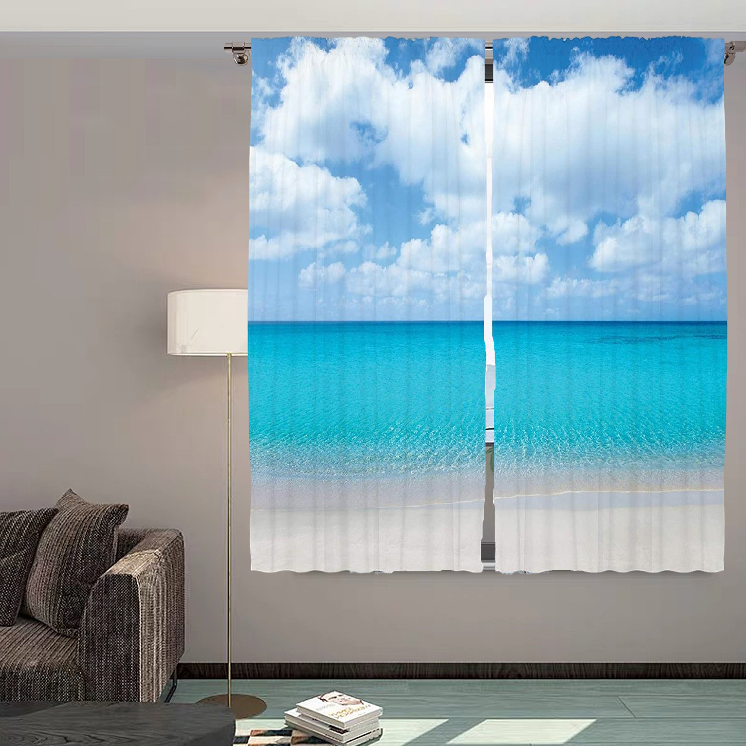 Frifoho Ocean Curtains, Solitude Peaceful Beach Scene Sea And Cloudy ...