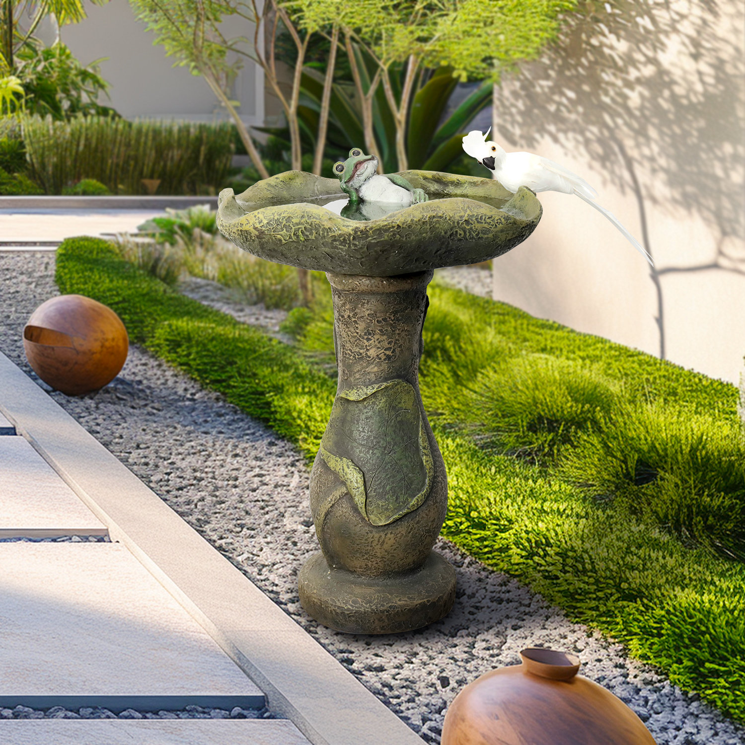 Winston Porter Concrete Bird Bath with Frog Statue 20.8in High Bird ...