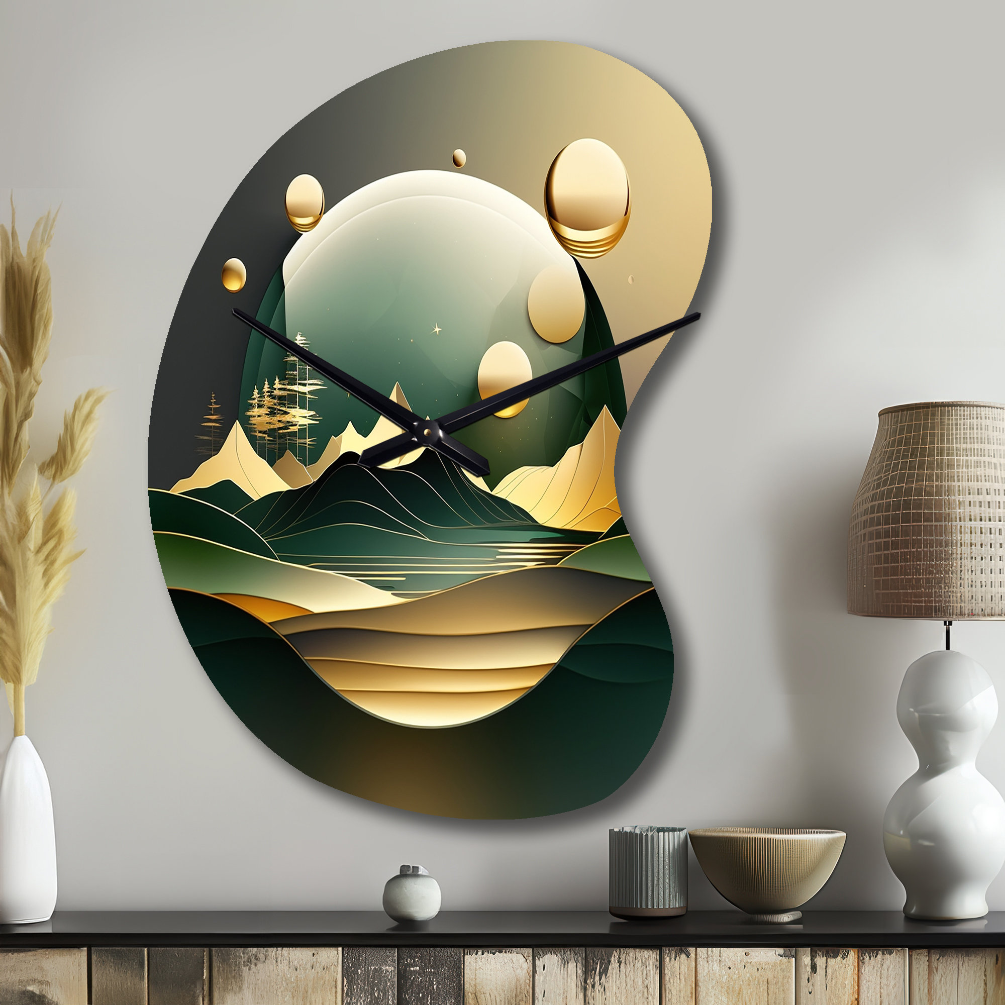 Design Art Dreamy Golden Mountain III - Boom Shape Decorative Green ...