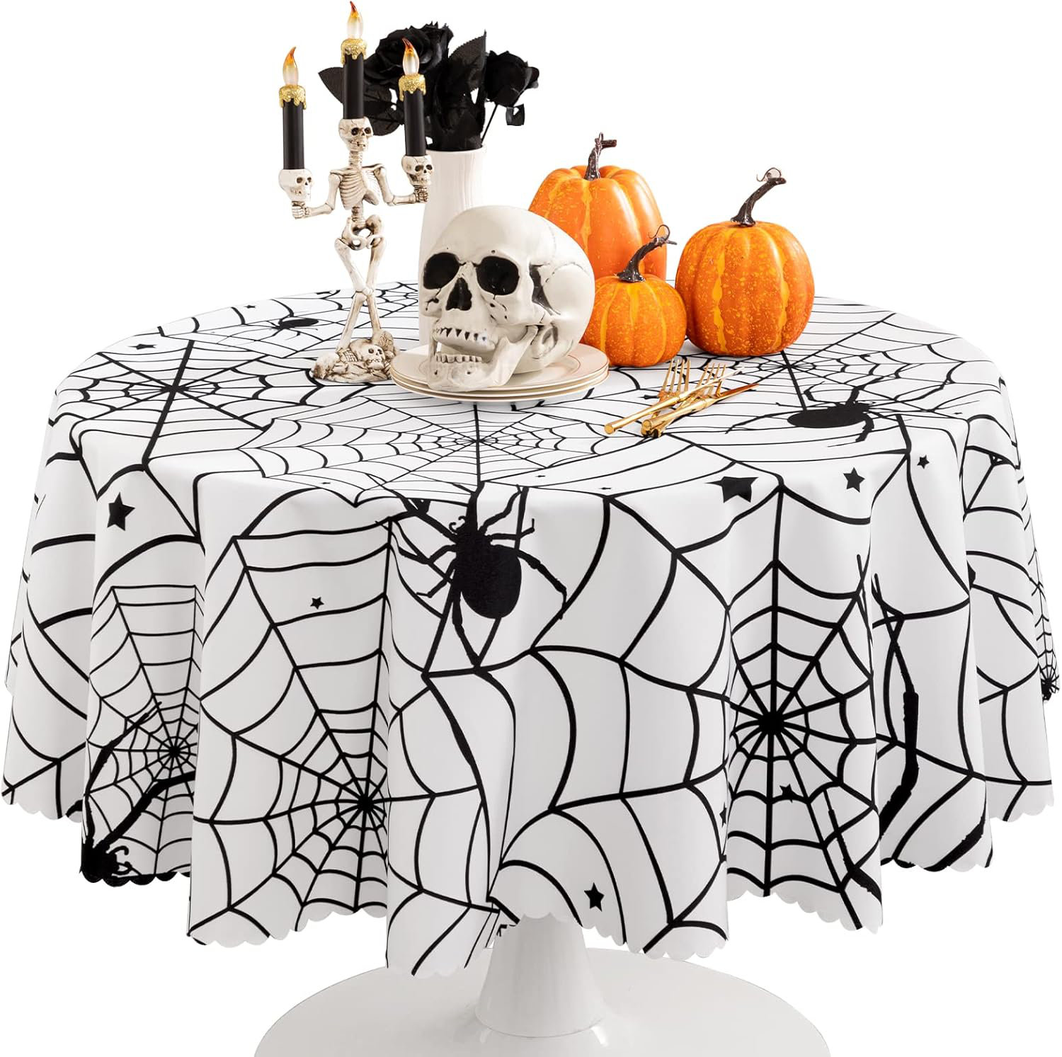 The Holiday Aisle® 60 Inch Round Tablecloth, Halloween Spider Web Table ...