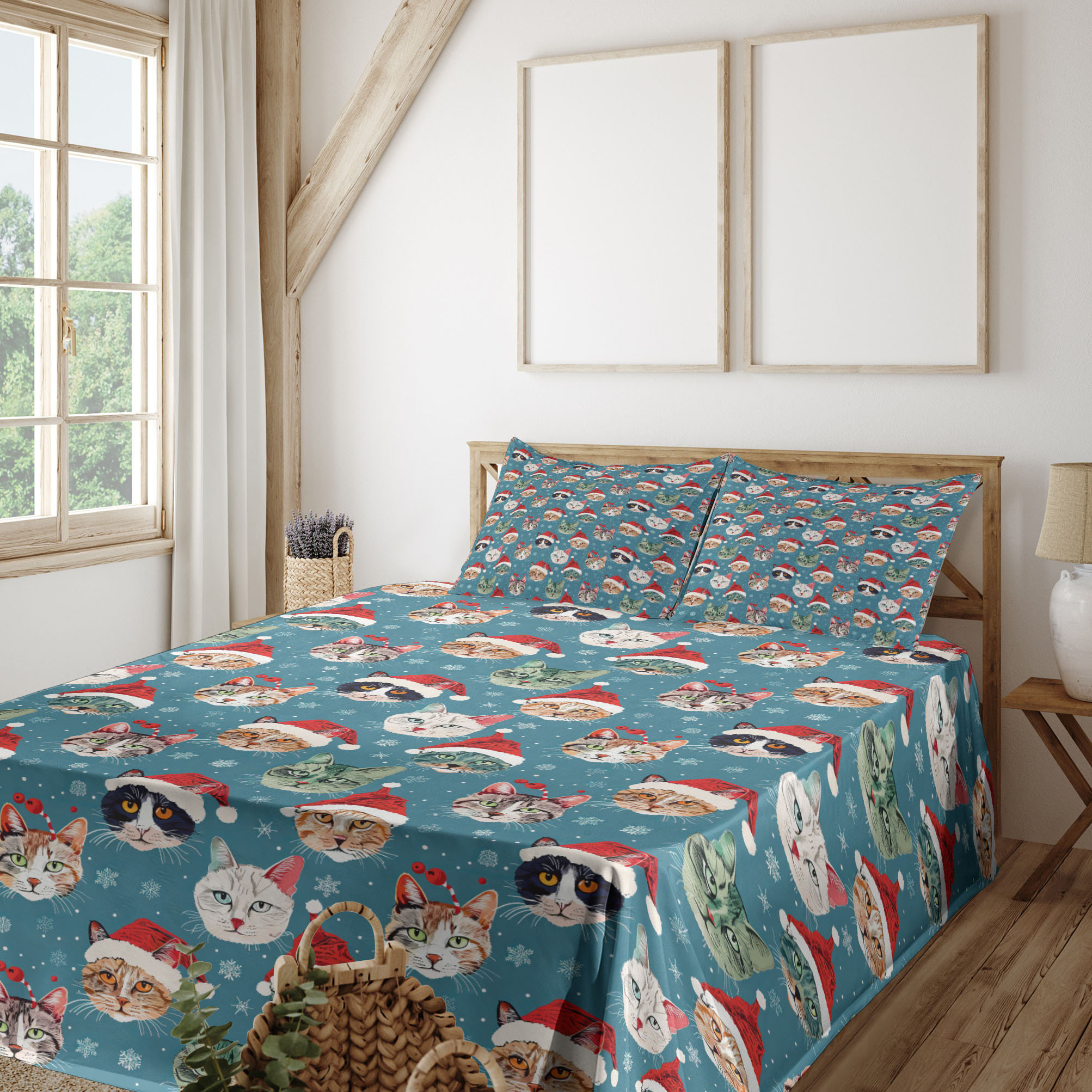 Ambesonne Christmas Sheet Set Xmas Elves Cats Kitten Slate Blue ...