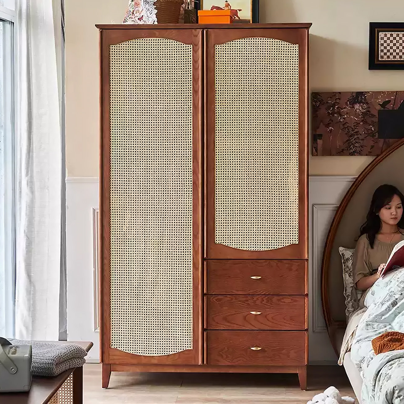 Bayou Breeze French-Style Retro Solid Wood Rattan Wardrobe | Wayfair