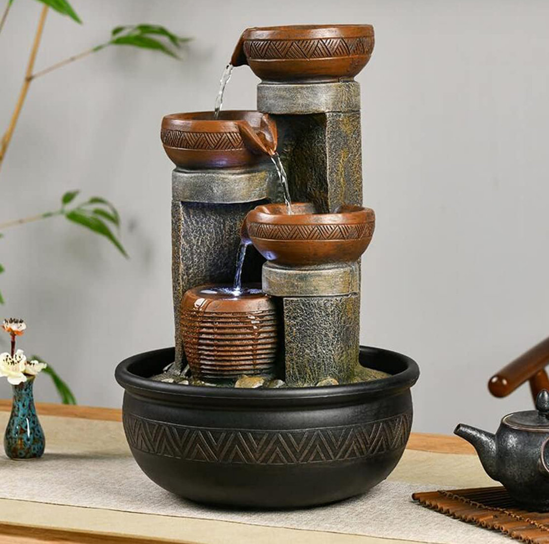 Latitude Run® 4-Tier Indoor Tabletop Waterfall Fountain with LED Lights ...