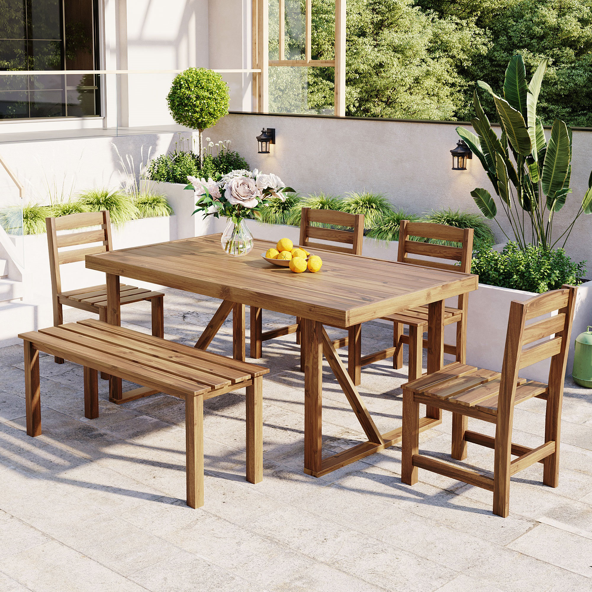 Gracie Oaks Quality Acacia Wood Outdoor Table And Chairs Set Brown ...