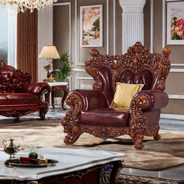 Romero Solid Wood Luxury Carved Sofa Chair 54.33'' Wide Tufted Genuine ...