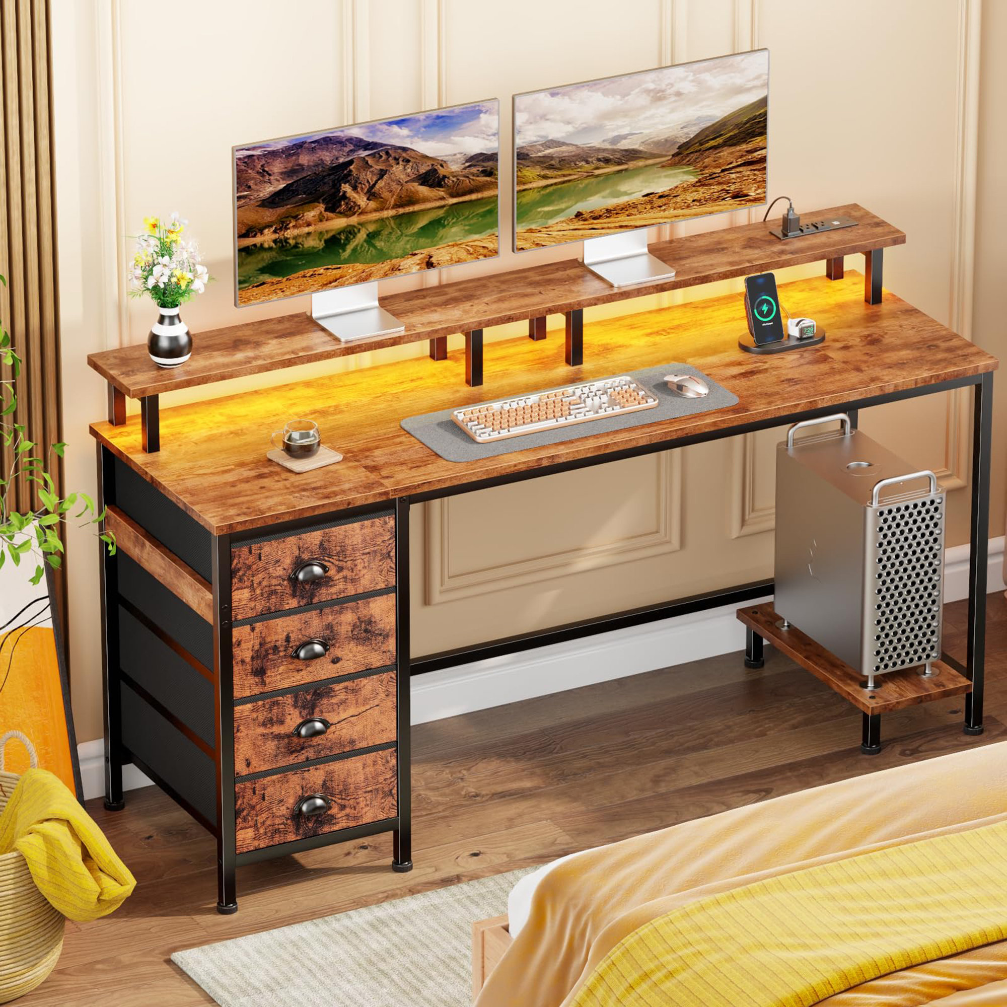 Brayden Studio® Computer Desk with 4 Fabric Drawers, 47" Gaming Desk ...