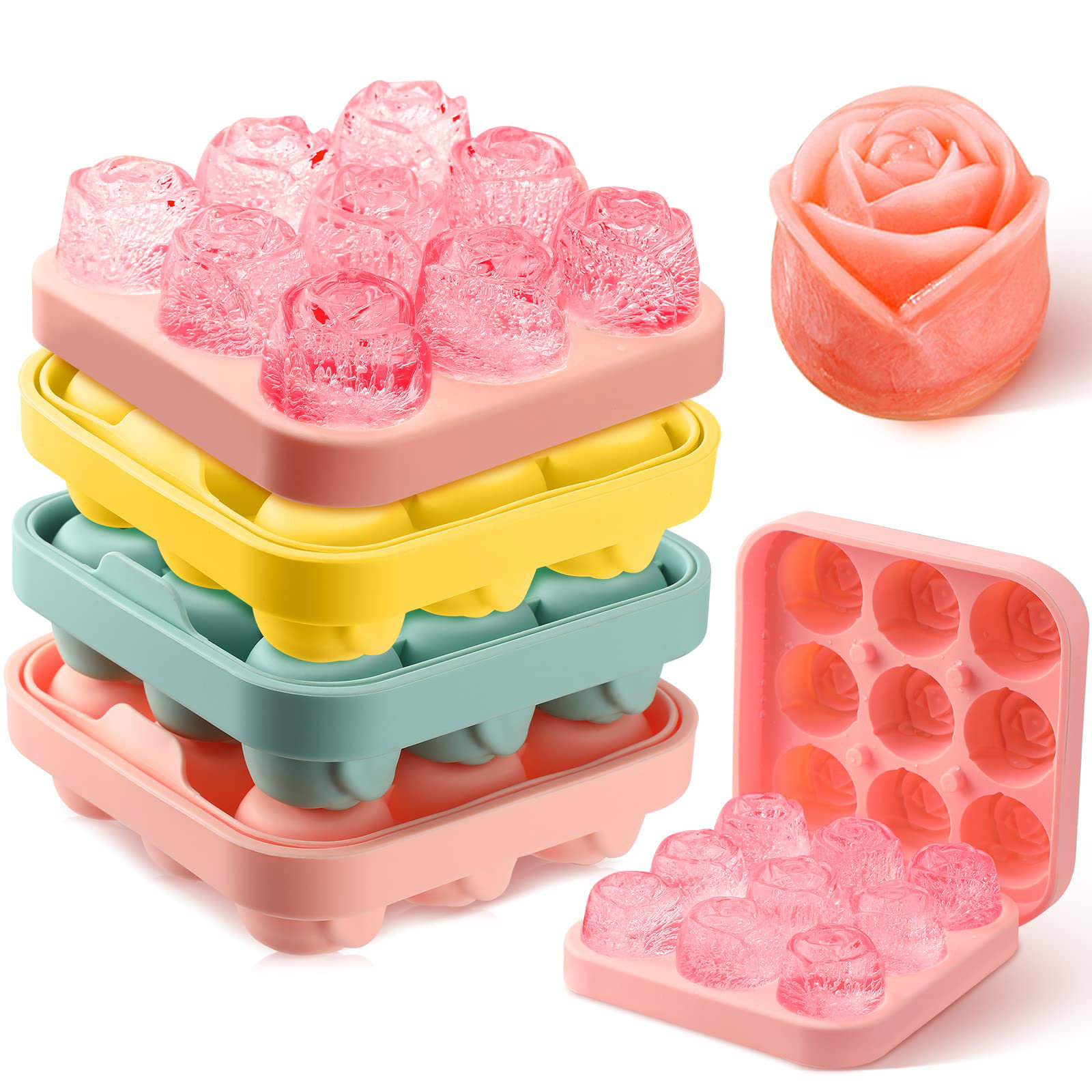 Mint Pantry® 4 Pcs Silicone Rose Ice Cube Mold 3D Rose Ice Mold With ...