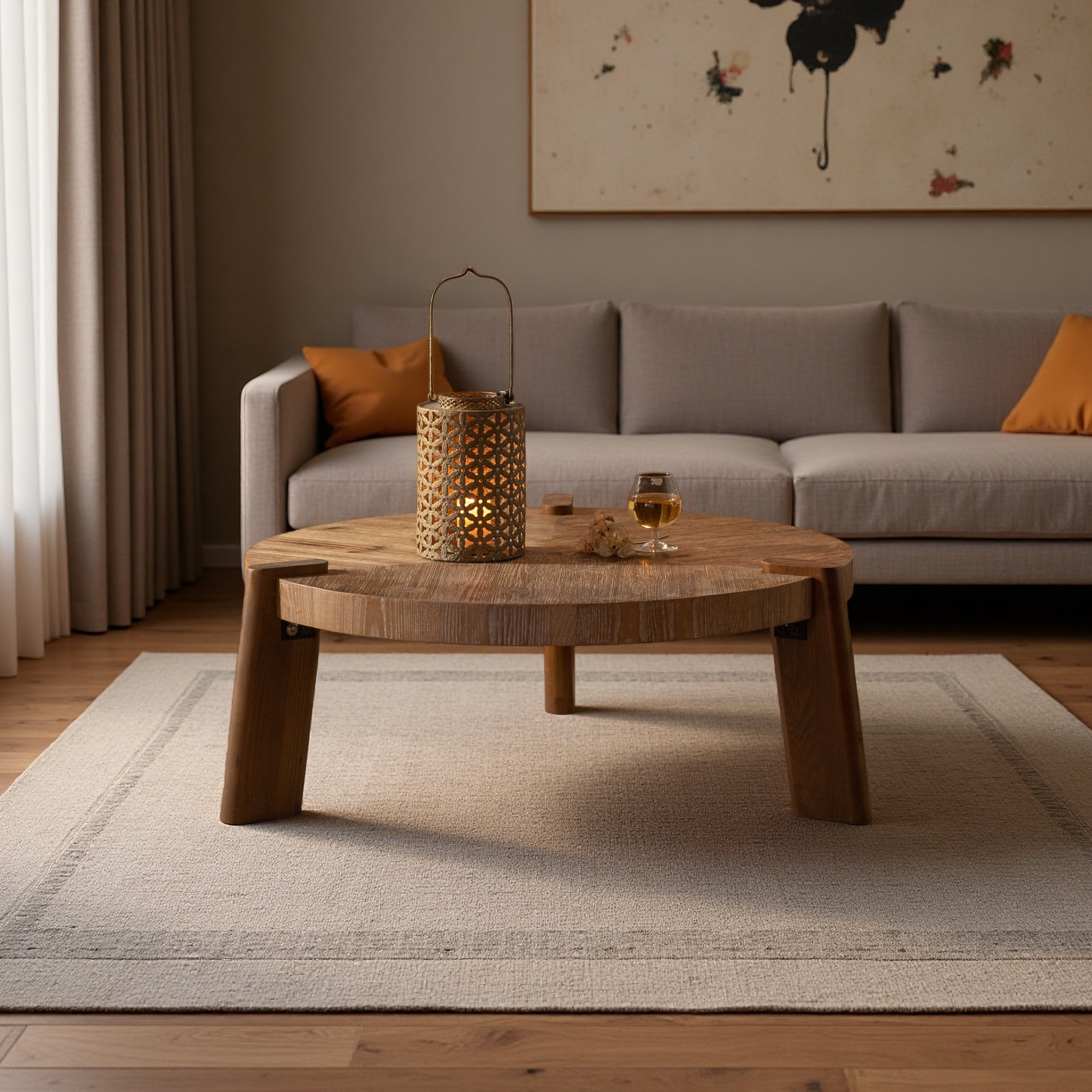 Millwood Pines Round Coffee Table For Living Room, Rustic Natural ...