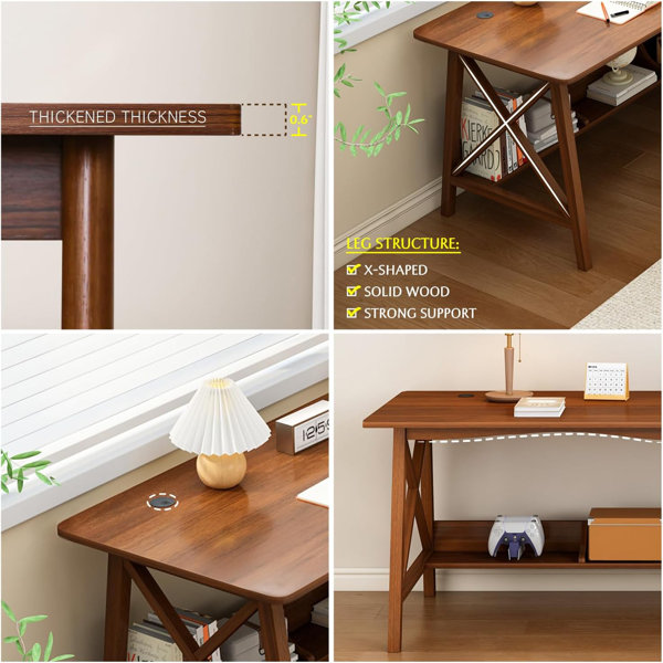 Gracie Oaks xtra Long Desk with Bookshelf - Solid Wood Home Office Work ...