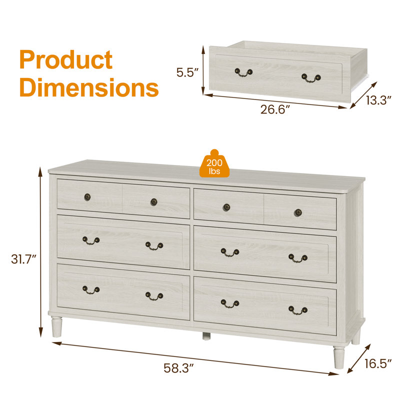 Charlton Home® Geli Extra Large 6 Drawer Dresser, Light Grey & Reviews ...