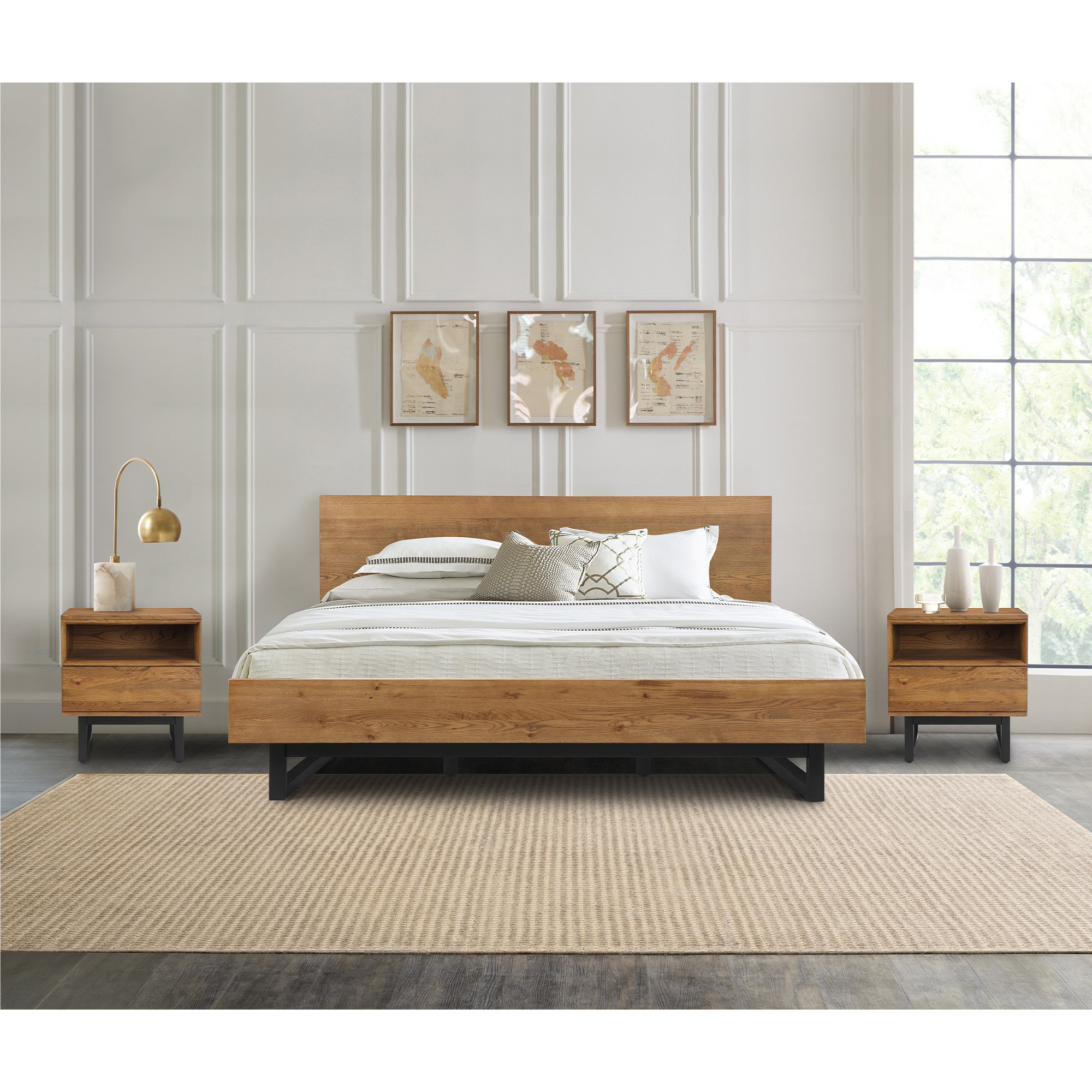 Union Rustic Abbye Platform Bed Frame Bedroom Set in Brown Oak Wood and ...