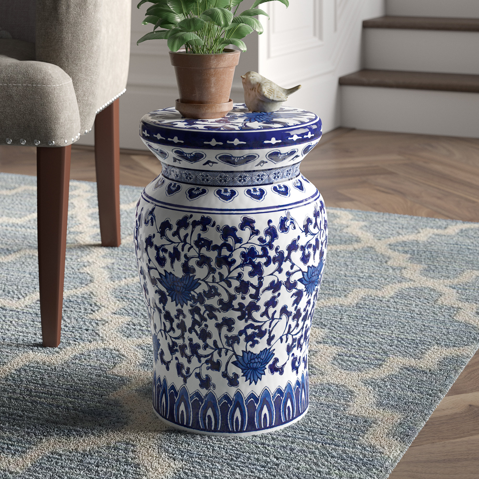 Euro Ceramica Blue Garden White 16" Lotus Podium Stool & Reviews | Wayfair