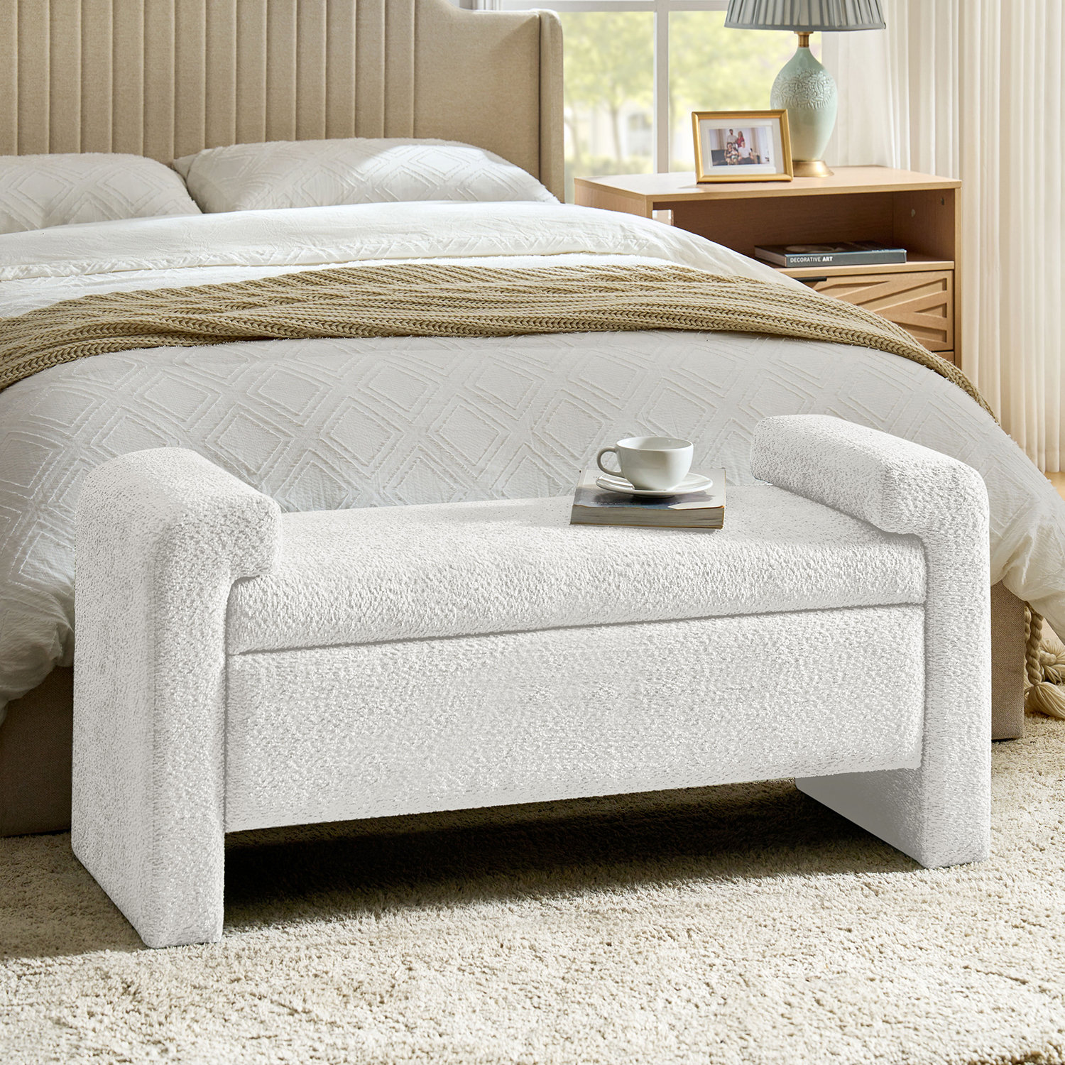 Ebern Designs Albira Modern 45.5" Drop-down Storage Boucle Bench with ...