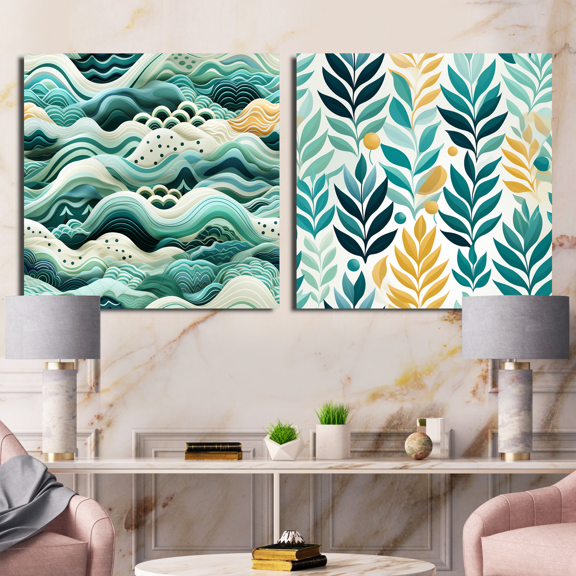 Design Art Coastal Chevron Green Waves Pattern - Abstract Collages ...