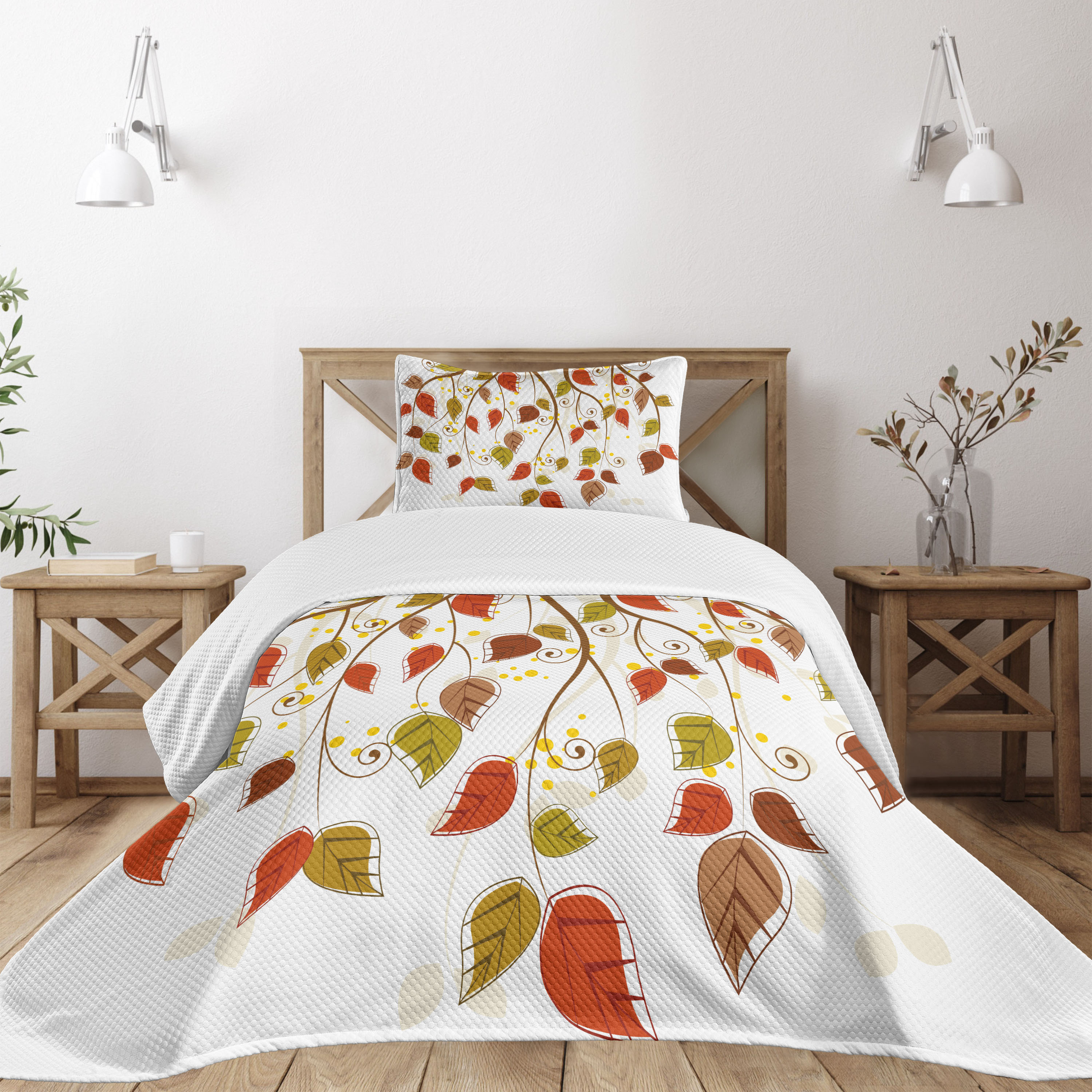 Ambesonne Autumn Bedspread Set Branches Leaves Fall Burnt Sienna Brown ...