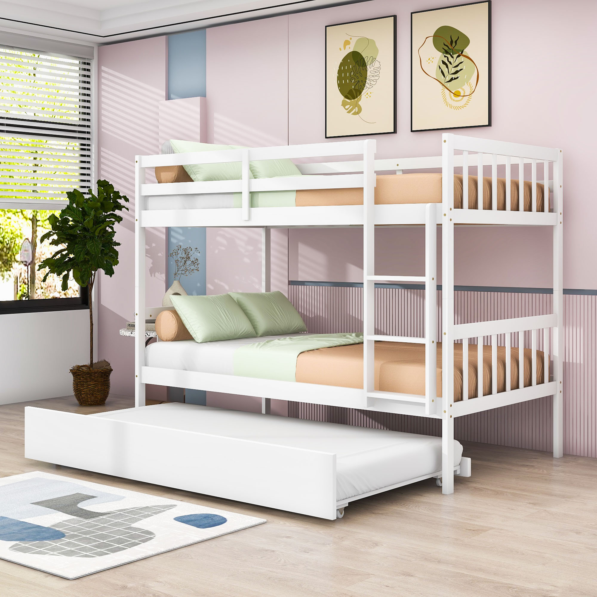 Harriet Bee Kerrell Twin Over Twin Convertible Rubber Wood Bunk Bed With Pull-Out Twin Trundle ...