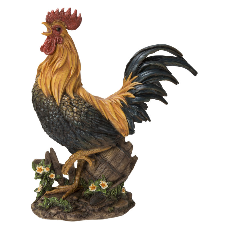 Hi-Line Gift Ltd. Large Rooster on a Wood Barrel Garden Statue | Wayfair