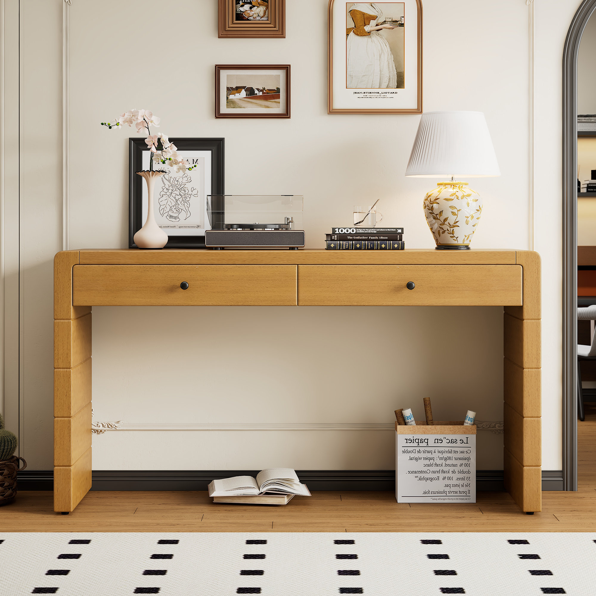 Ebern Designs TREXM Curved Console Table With Storage, Wooden Entryway ...