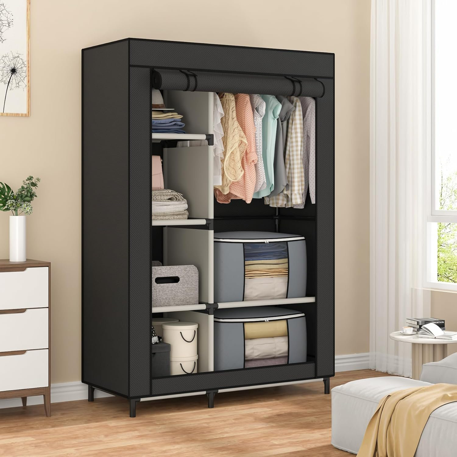 Rebrilliant Portable Closet Wardrobe With 6 Shelves And Hanging Rod ...