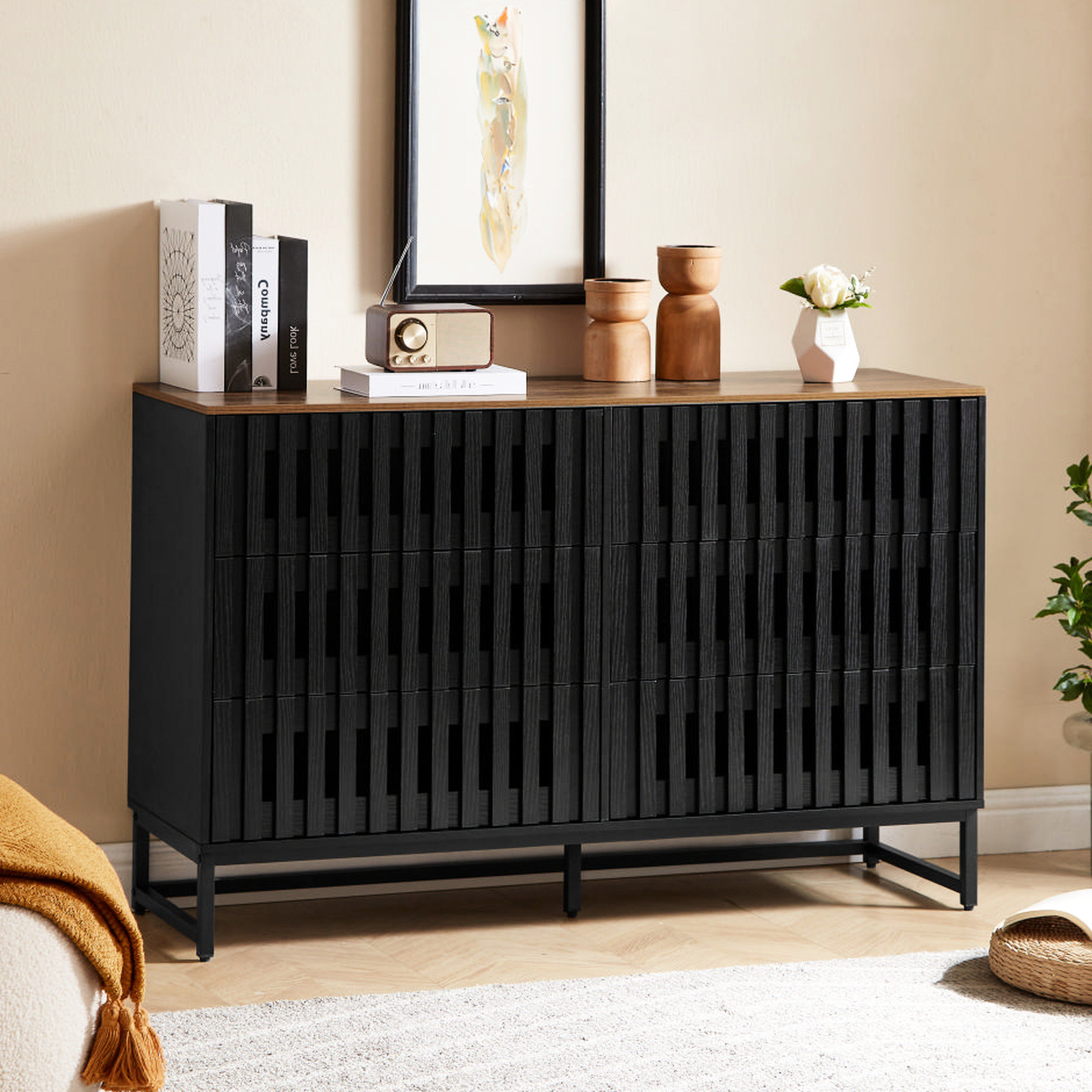 17 Stories 6 Drawer Dresser With Grille Stripes - Black And Metal Frame ...
