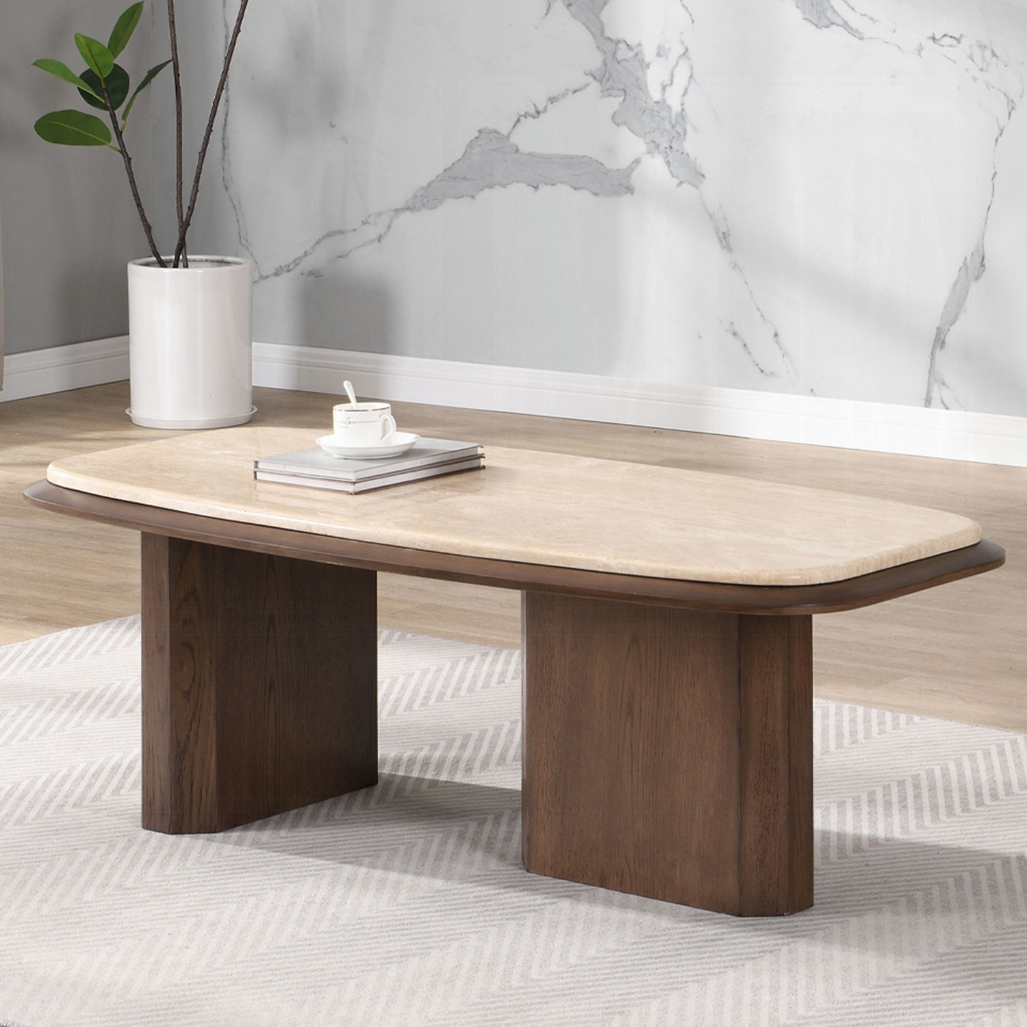 Latitude Run® Wood And Travertine Stone Coffee Table In Walnut ...
