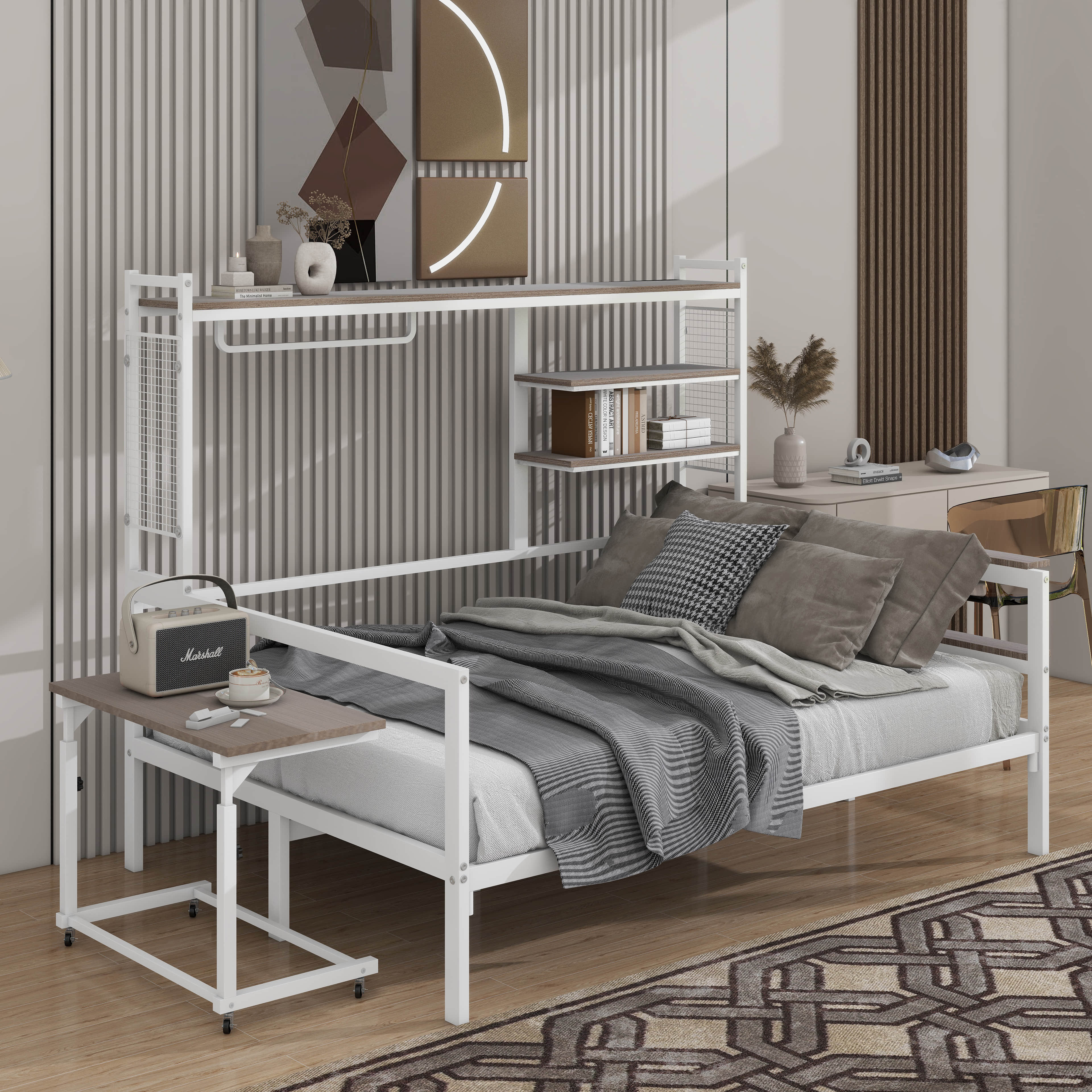 17 Stories Full Size Metal Daybed With Movable Desk, Shelves,Metal Grid ...