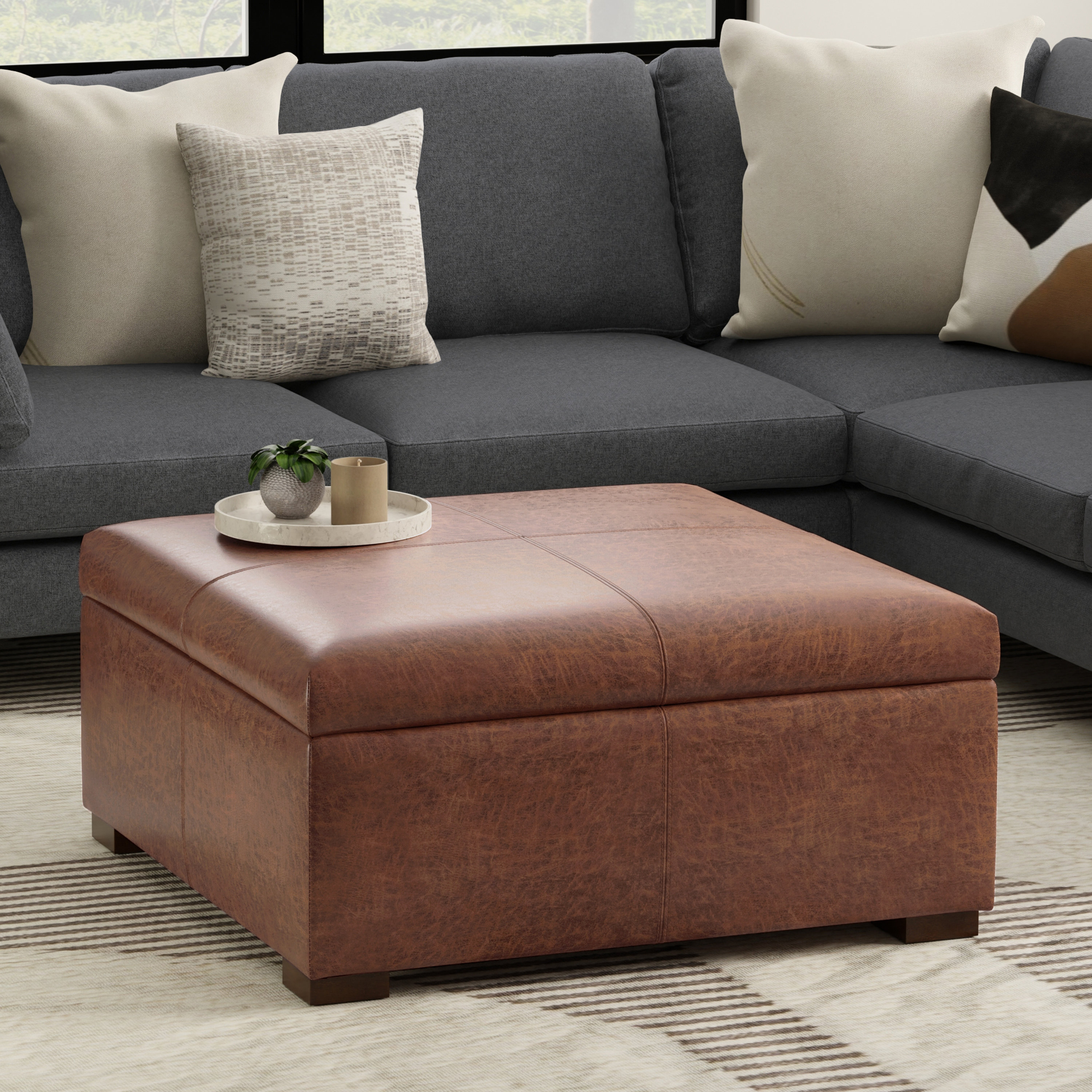 Simpli Home Gabbie 36"W Upholstered Square Coffee Table Storage Ottoman ...