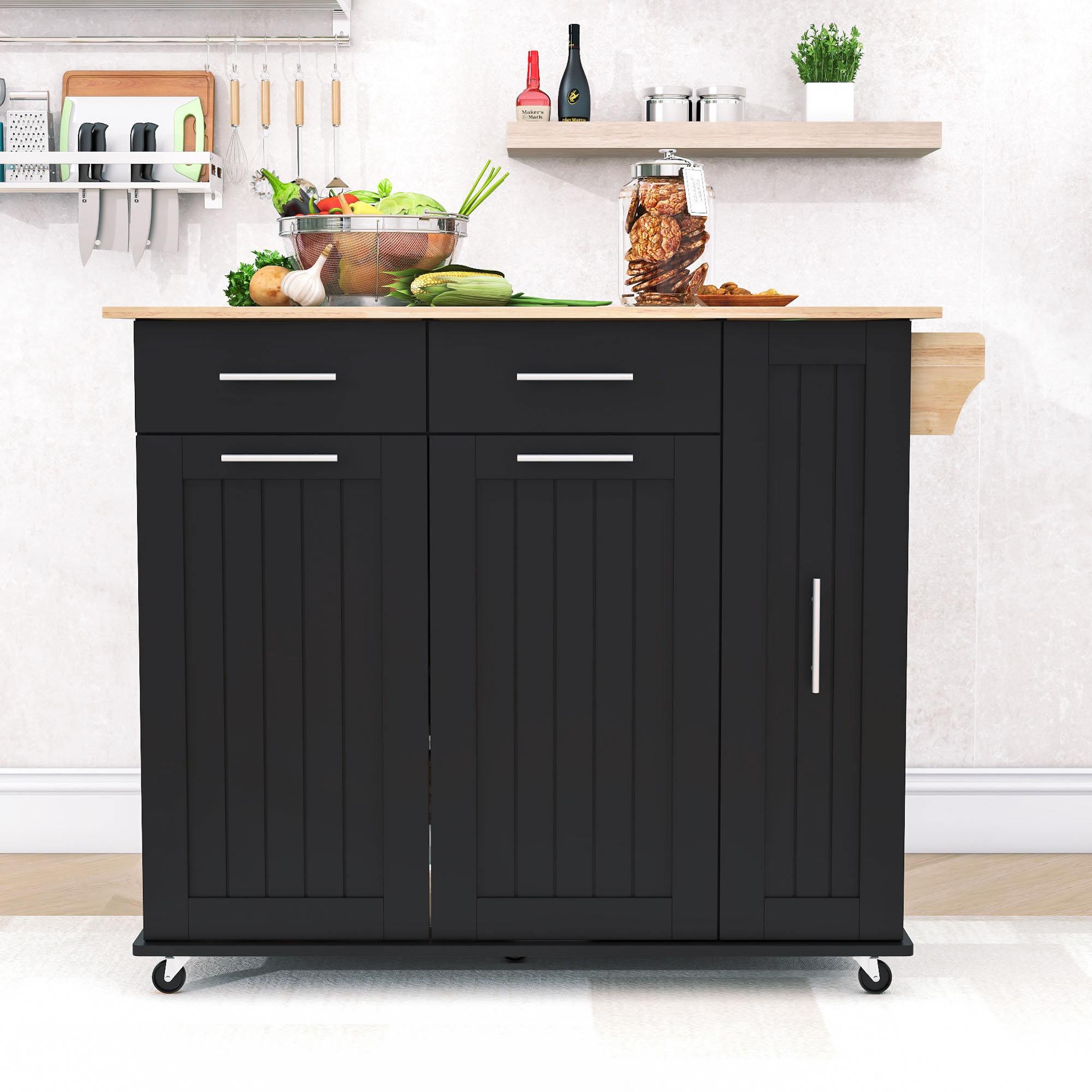 Lark Manor Deraz Wooden Kitchen Island with 3-Tier Pull-Out Storage and ...