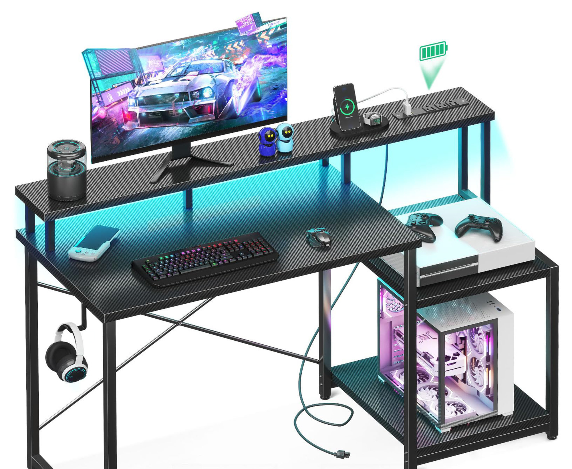 Inbox Zero Computer Desk, 48 Inch Gaming Desk with Led Lights & Power ...